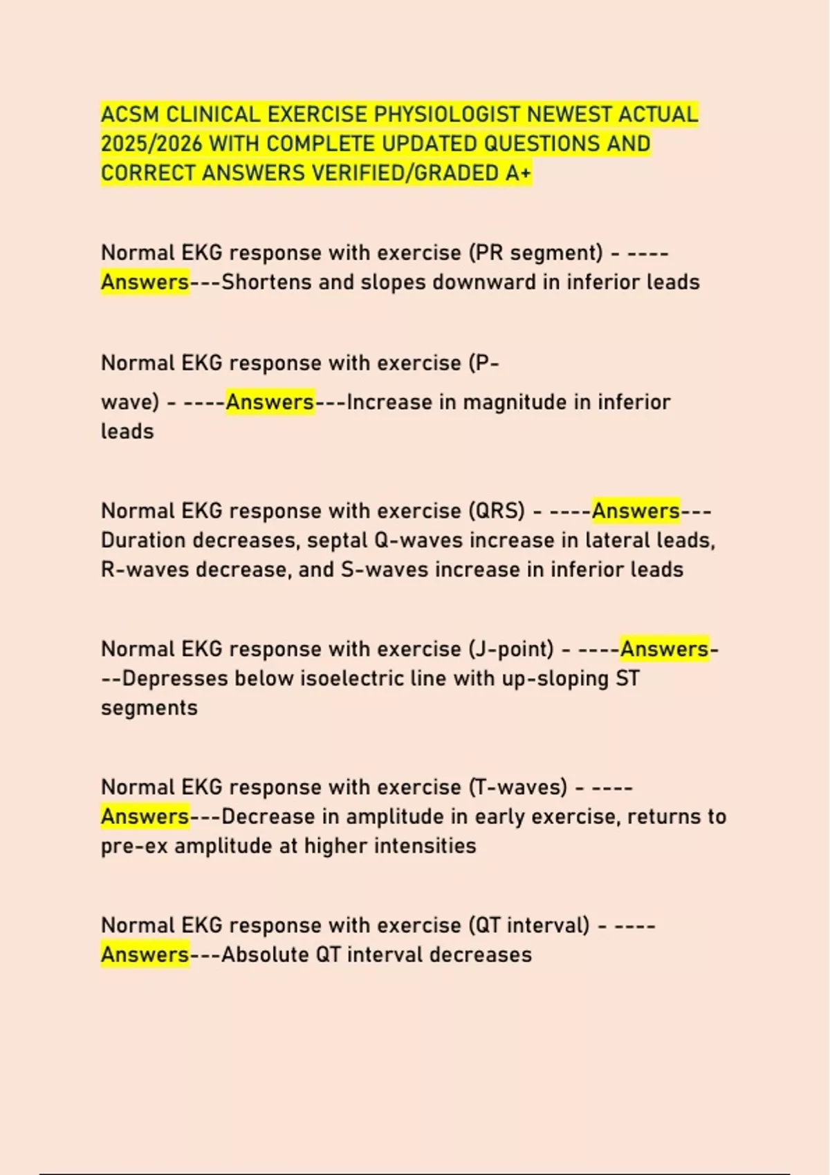 ACSM CLINICAL EXERCISE PHYSIOLOGIST NEWEST ACTUAL 2025/2026 WITH COMPLETE UPDATED QUESTIONS AND ...