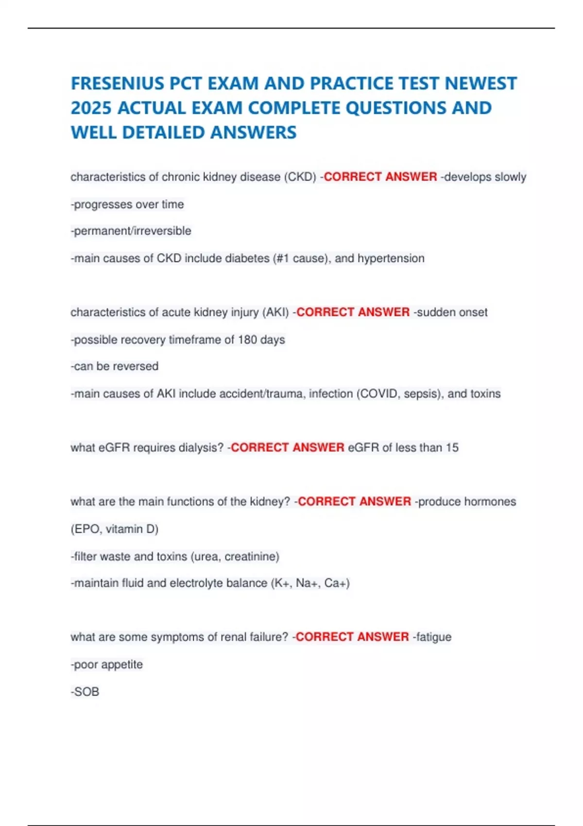 FRESENIUS PCT EXAM AND PRACTICE TEST NEWEST 2025 ACTUAL EXAM COMPLETE ...