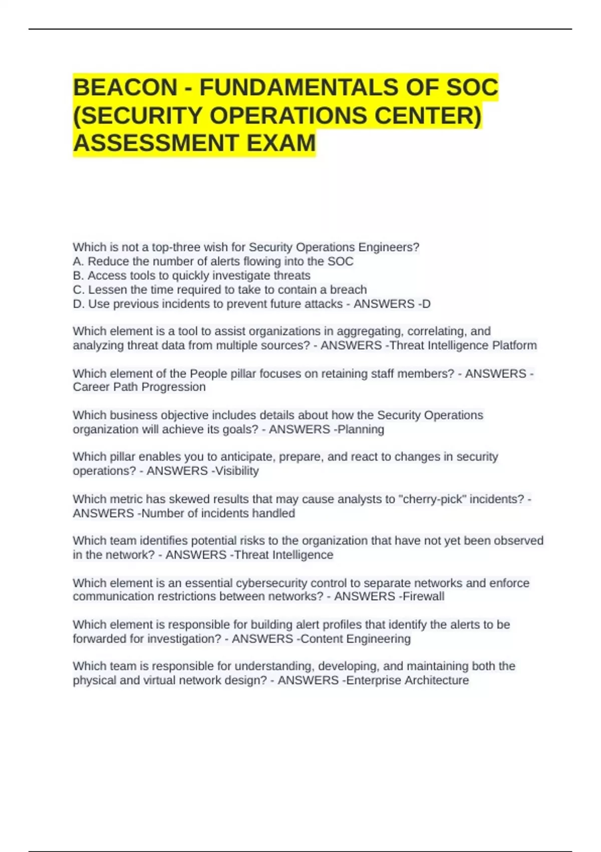 BEACON - FUNDAMENTALS OF SOC (SECURITY OPERATIONS CENTER) ASSESSMENT ...