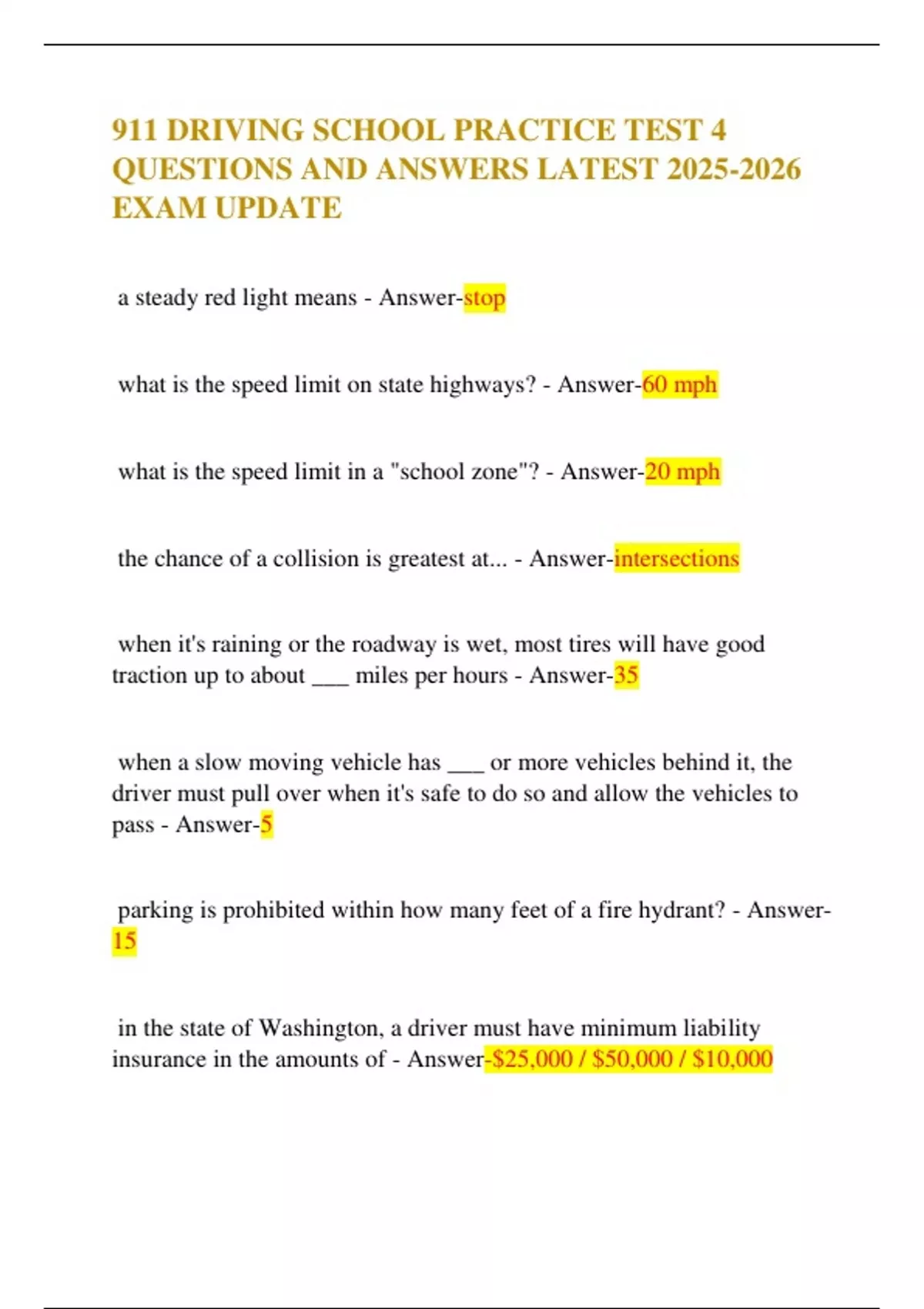 911 DRIVING SCHOOL PRACTICE TEST 4 QUESTIONS AND ANSWERS LATEST EXAM ...