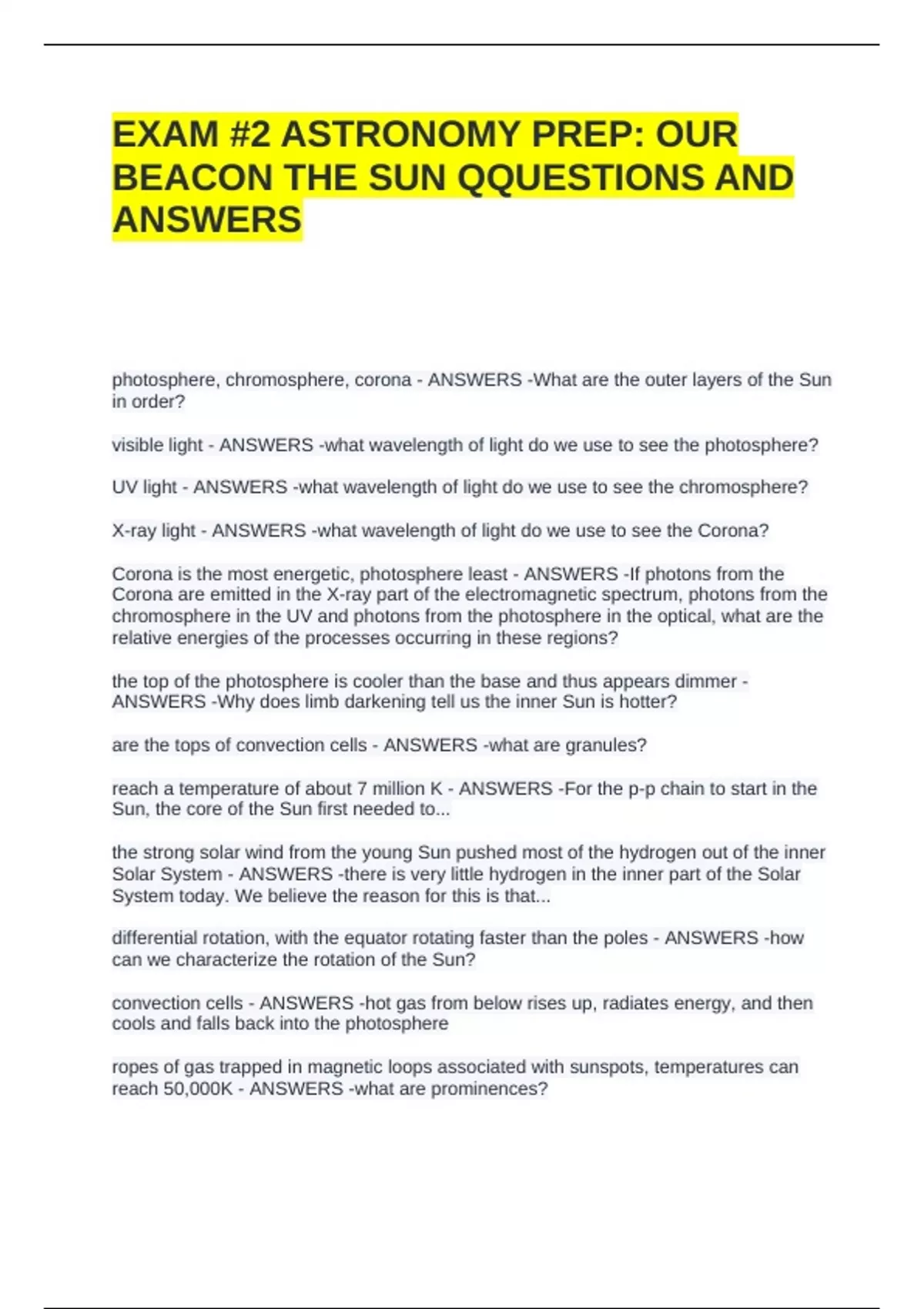 EXAM #2 ASTRONOMY PREP OUR BEACON THE SUN QQUESTIONS AND ANSWERS ...