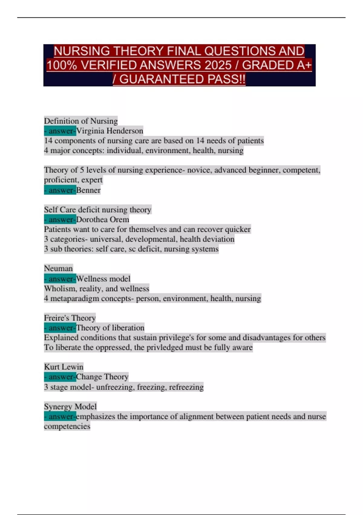 NURSING THEORY FINAL EXAM 2025 – 100% Verified Questions & Answers ...