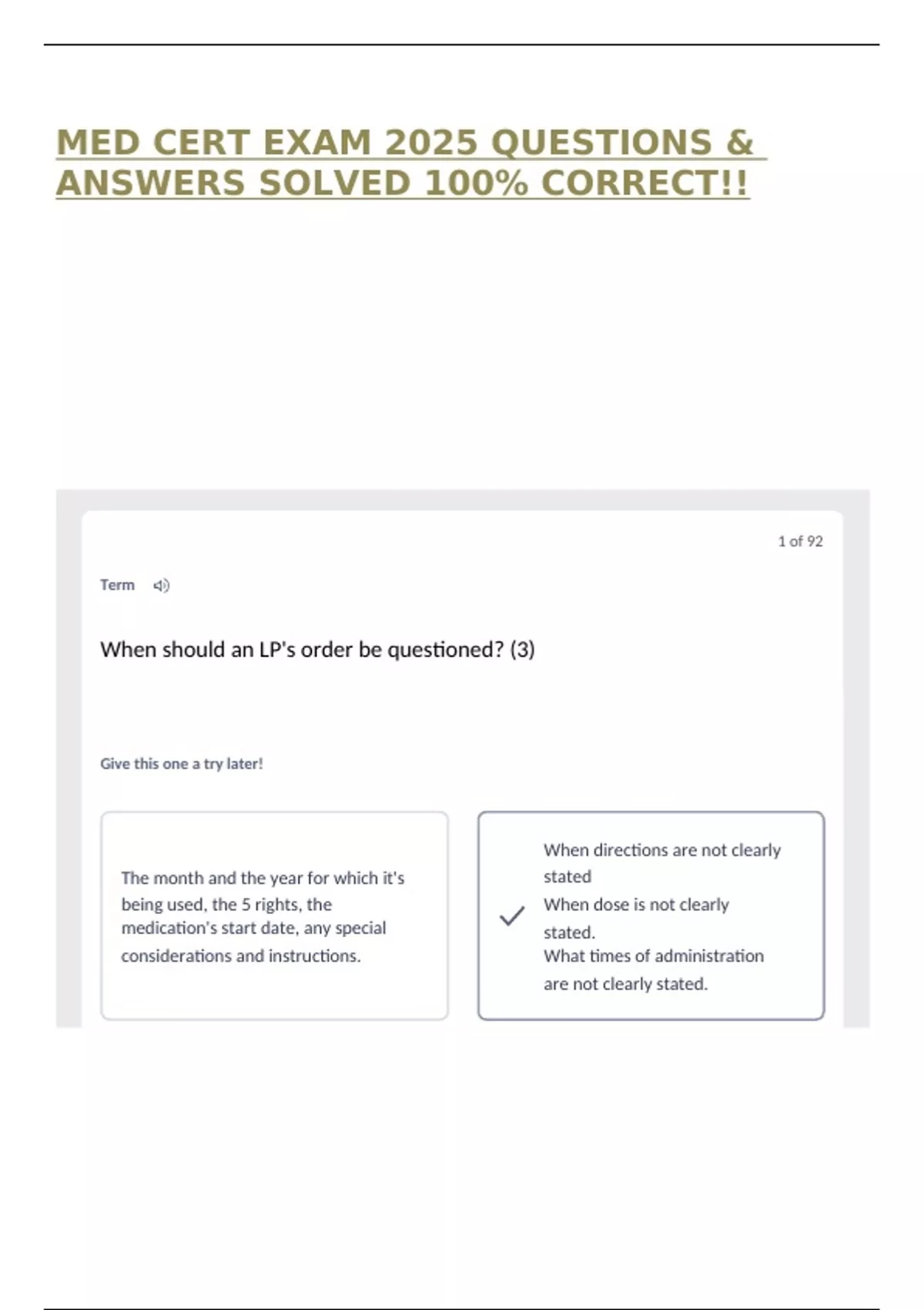 MED CERT EXAM 2025 QUESTIONS & ANSWERS SOLVED 100% CORRECT!! - MED CERT ...