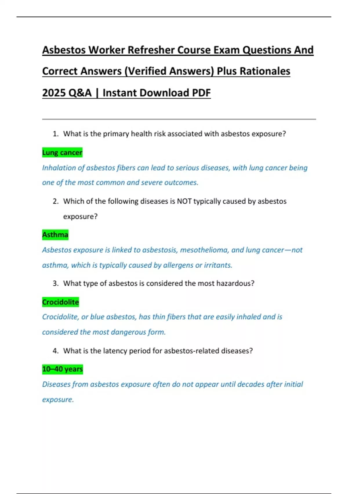 Asbestos Worker Refresher Course Exam Questions And Correct Answers ...