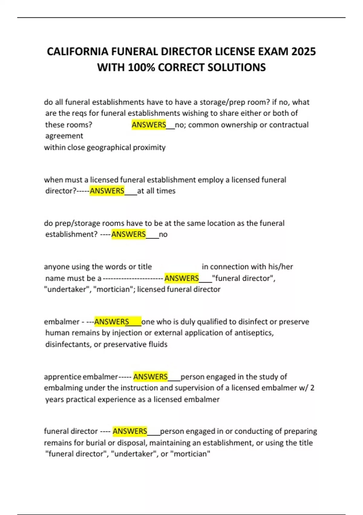 CALIFORNIA FUNERAL DIRECTOR LICENSE EXAM 2025 WITH 100- CORRECT SOLUTIONS - CALIFORNIA FUNERAL ...