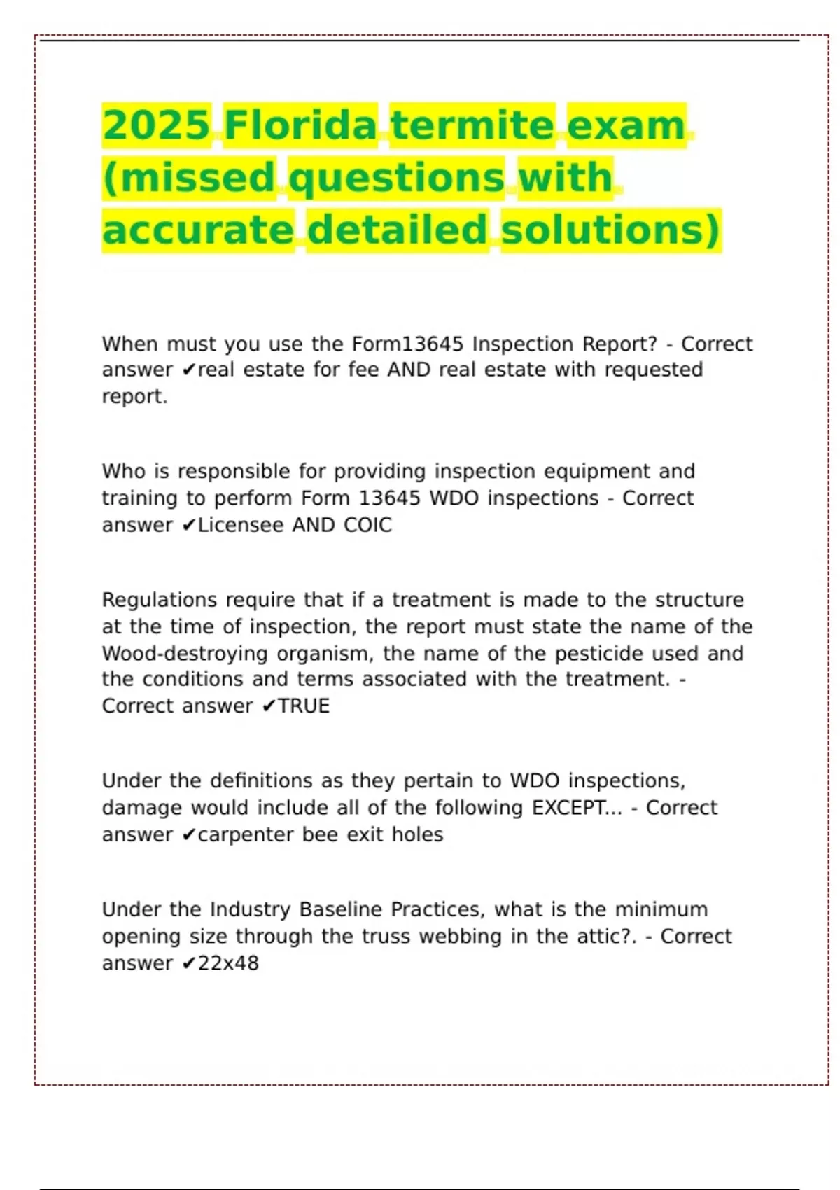 2025 Florida termite exam (missed questions with accurate detailed ...