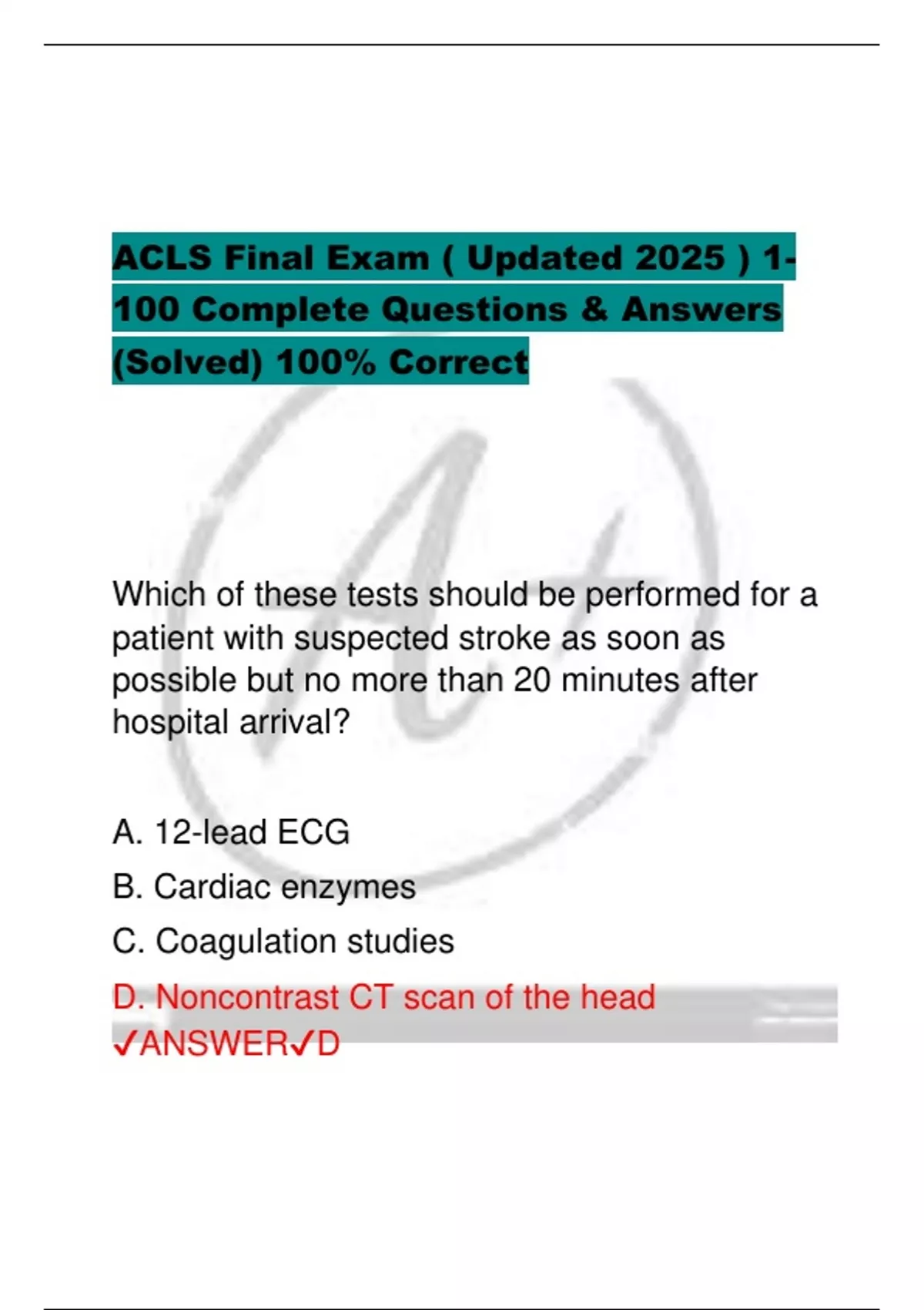 ACLS Final Exam ( Updated 2025 ) 1 100 Complete Questions & Answers ...