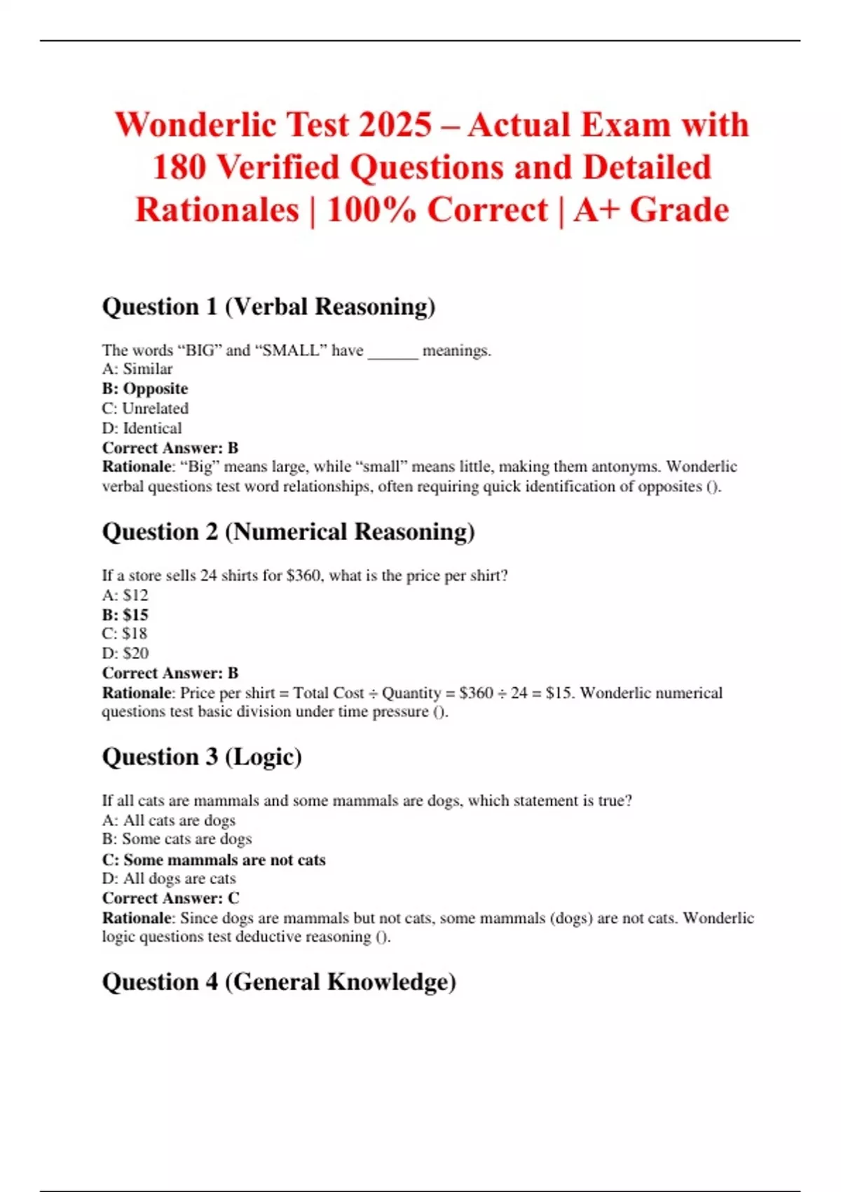 Wonderlic Test 2025 Actual Exam With 180 Verified Questions And