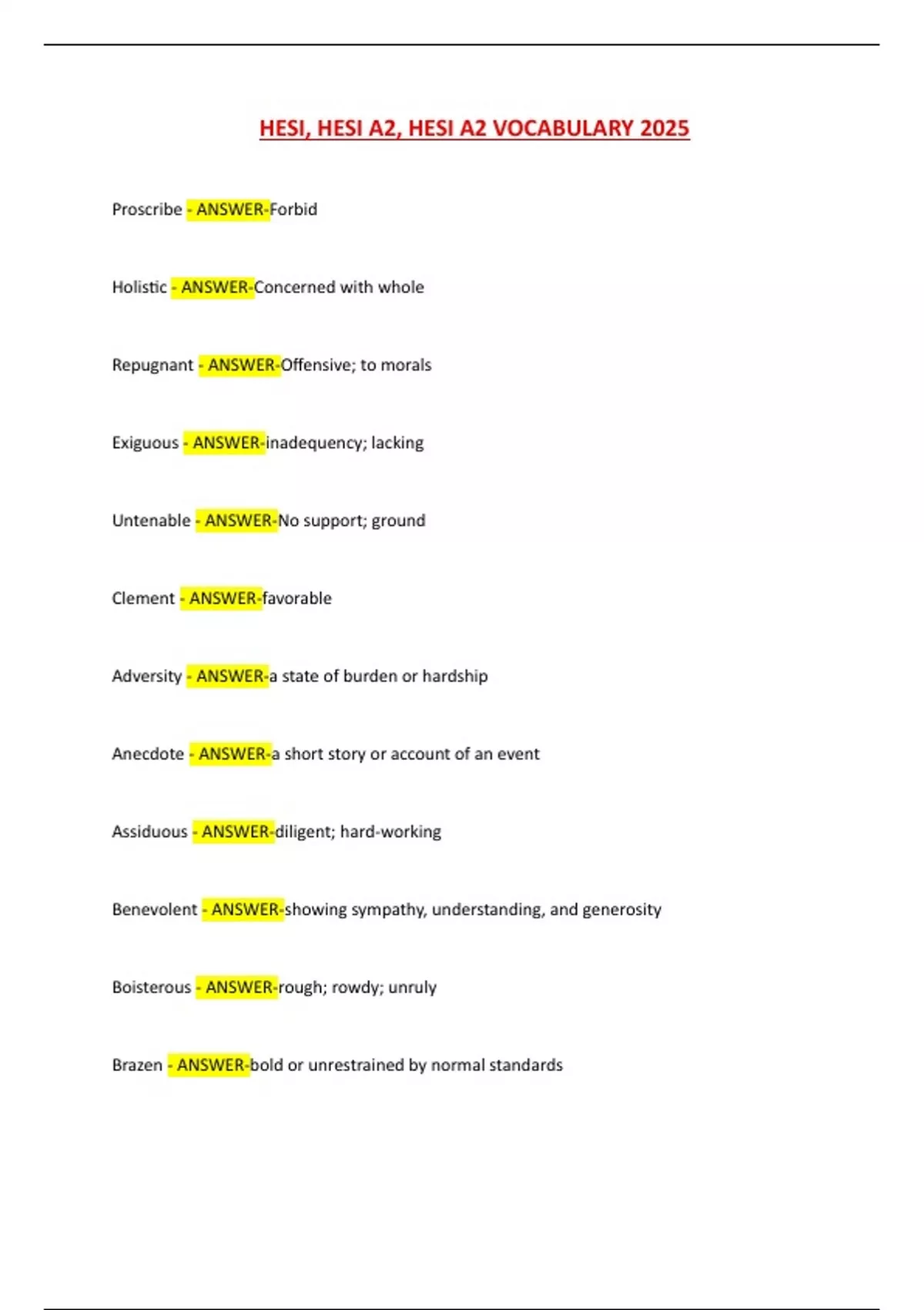HESI, HESI A2, HESI A2 VOCABULARY 2025 - Hesi - Stuvia US