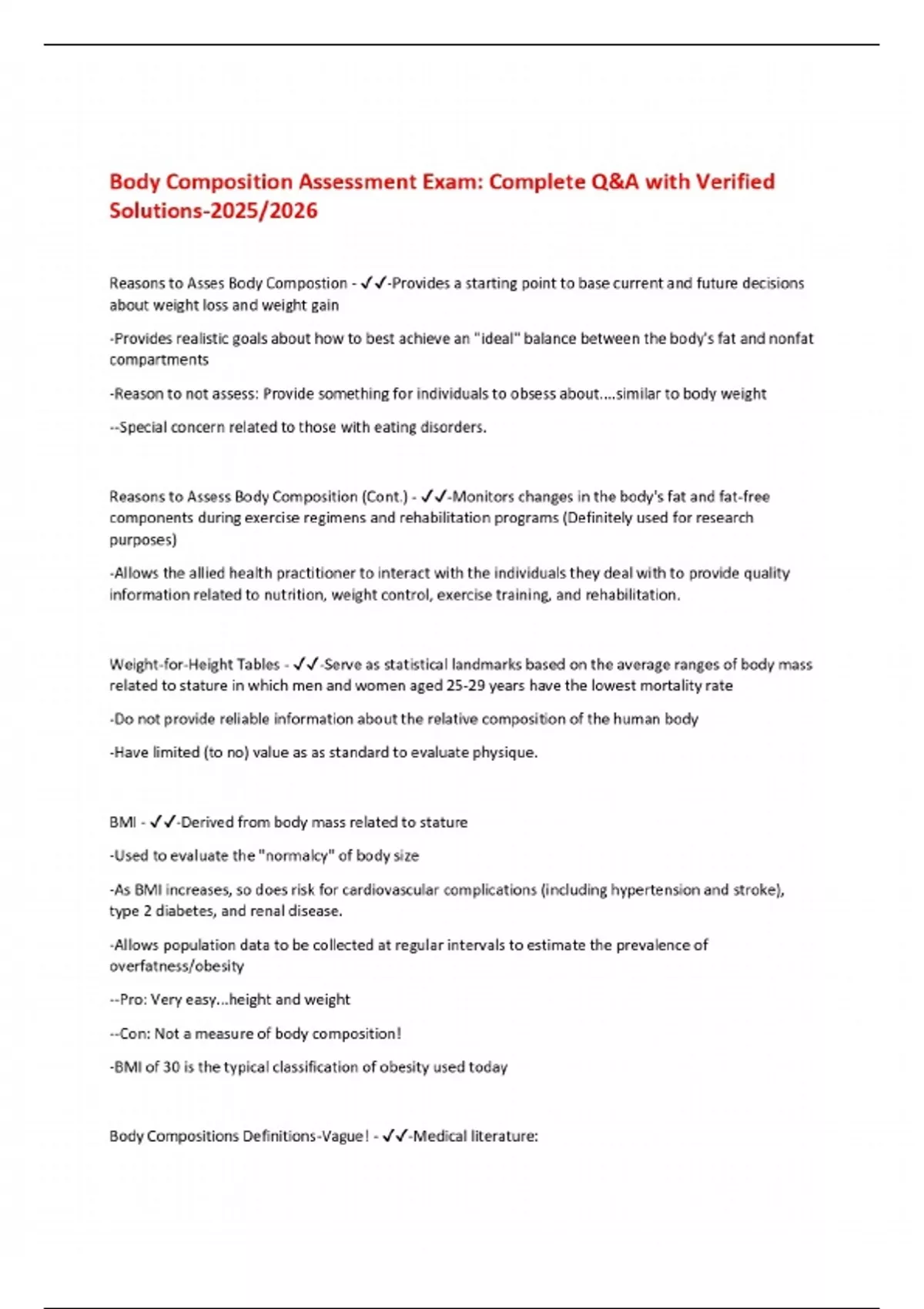 Body Composition Assessment Exam: Complete Q&A with Verified Solutions ...