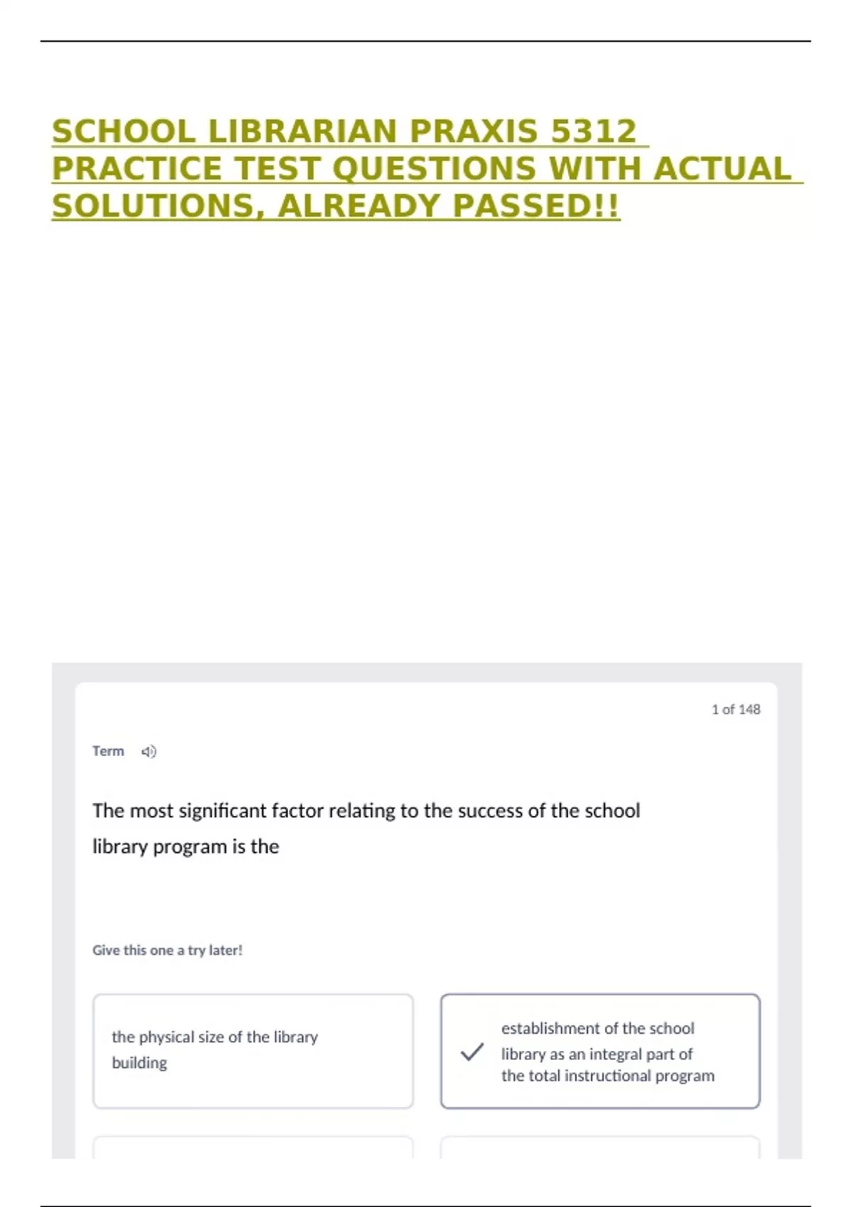 SCHOOL LIBRARIAN PRAXIS 5312 PRACTICE TEST QUESTIONS WITH ACTUAL ...