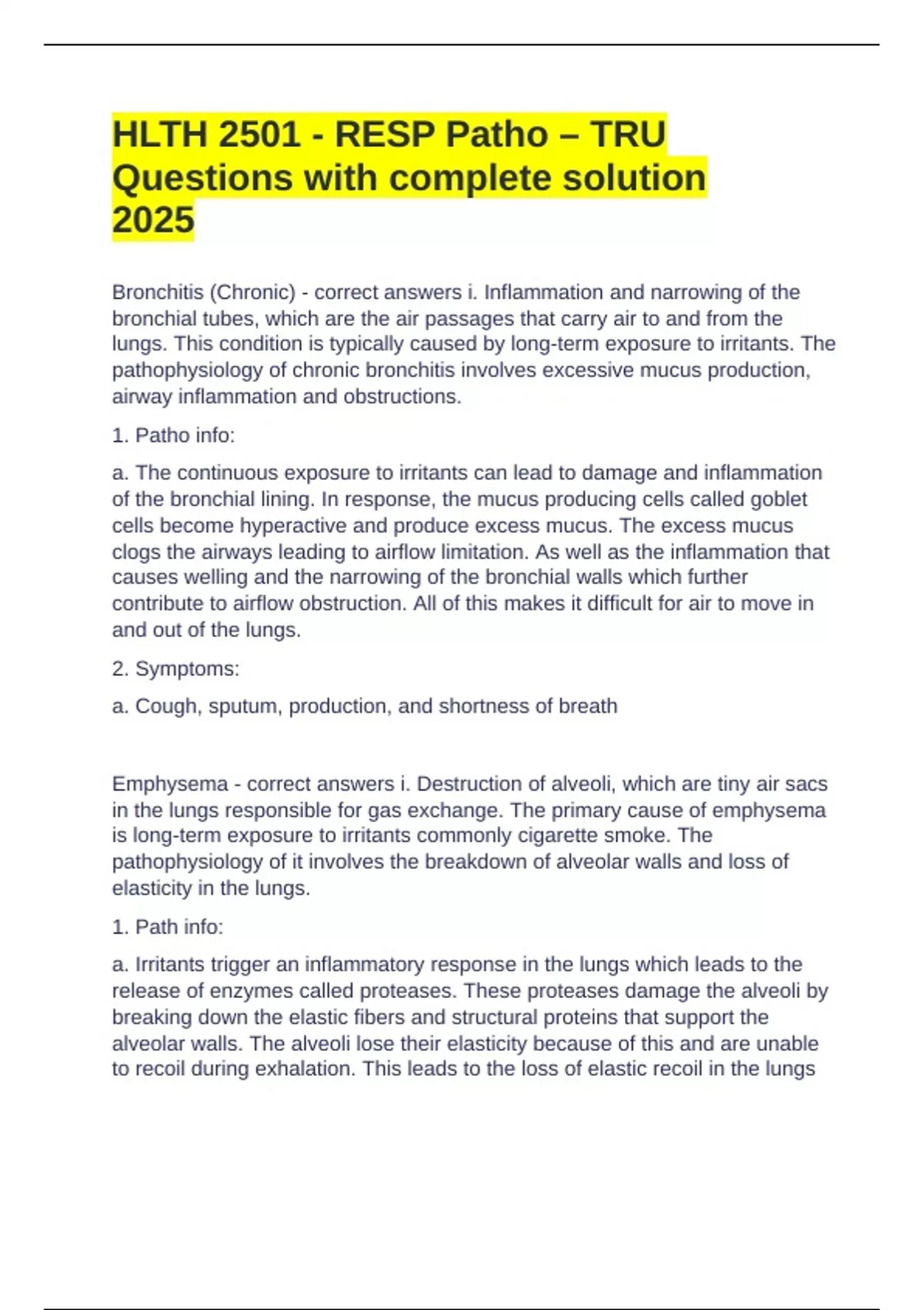 HLTH 2501 - RESP Patho – TRU Questions with complete solution 2025 ...