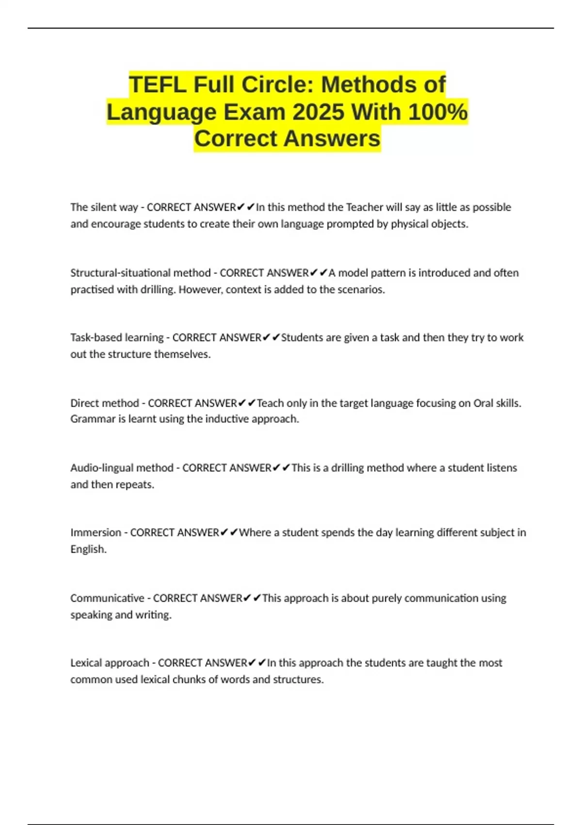 TEFL Full Circle: Methods of Language Exam 2025 With 100% Correct ...