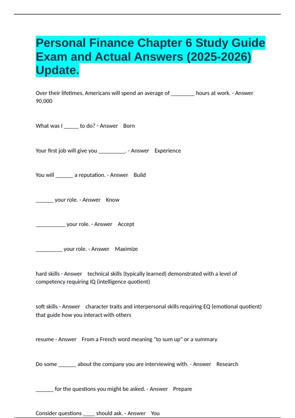Personal Finance Chapter 6 Study Guide Exam and Actual Answers ...