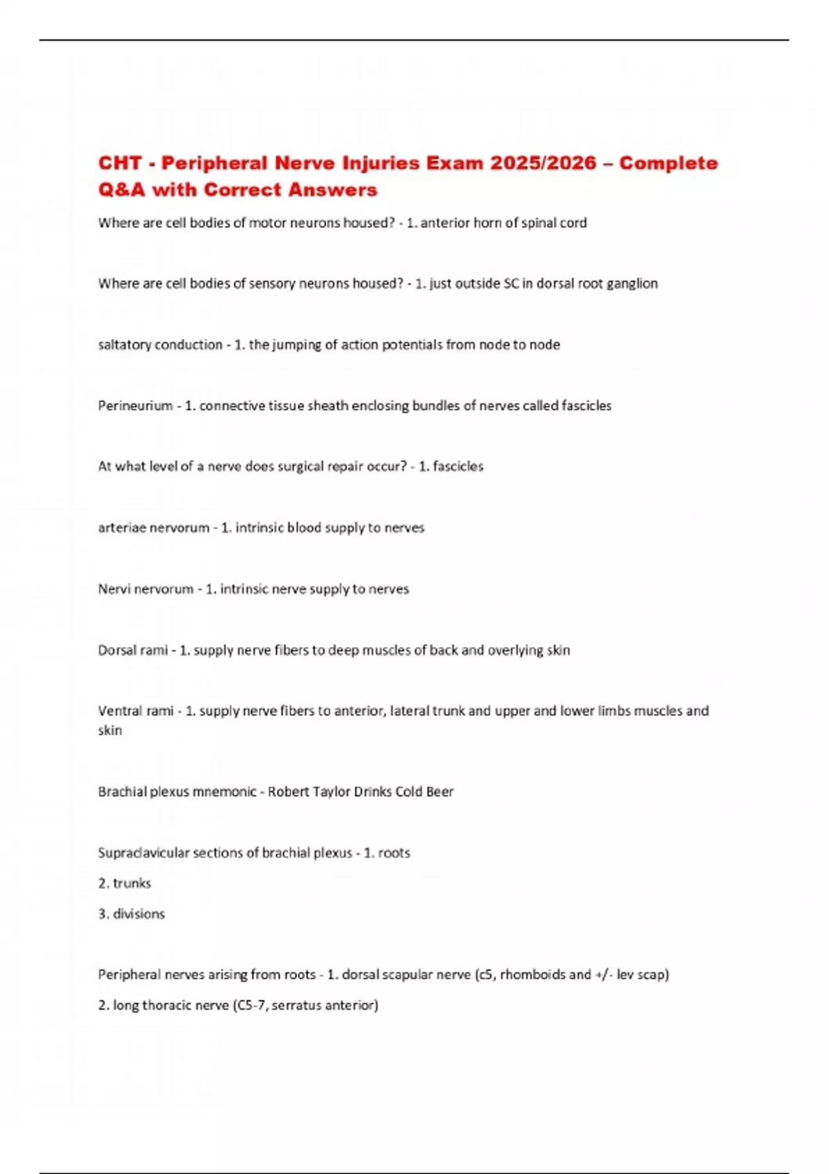 CHT - Peripheral Nerve Injuries Exam 2025/2026 – Complete Q&A with ...