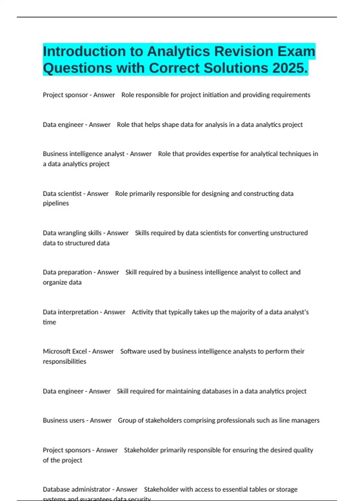 Introduction to Analytics Revision Exam Questions with Correct Solutions 2025. - WGU ...