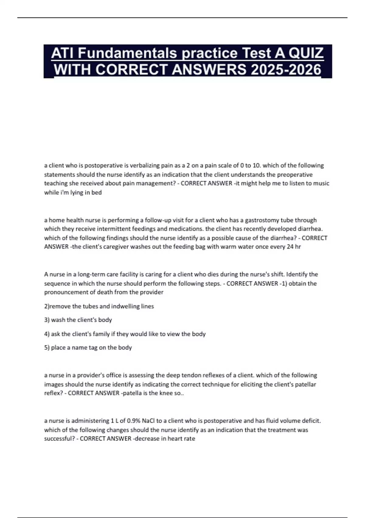 ATI Fundamentals Practice Test A – Quiz with Correct Answers 2025 (A+ ...