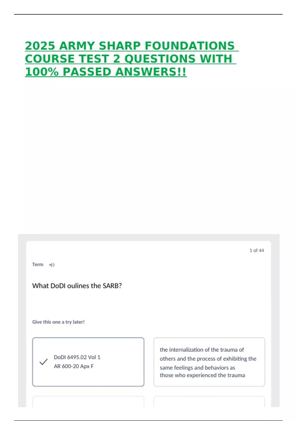 2025 ARMY SHARP FOUNDATIONS COURSE TEST 2 QUESTIONS WITH 100% PASSED ...