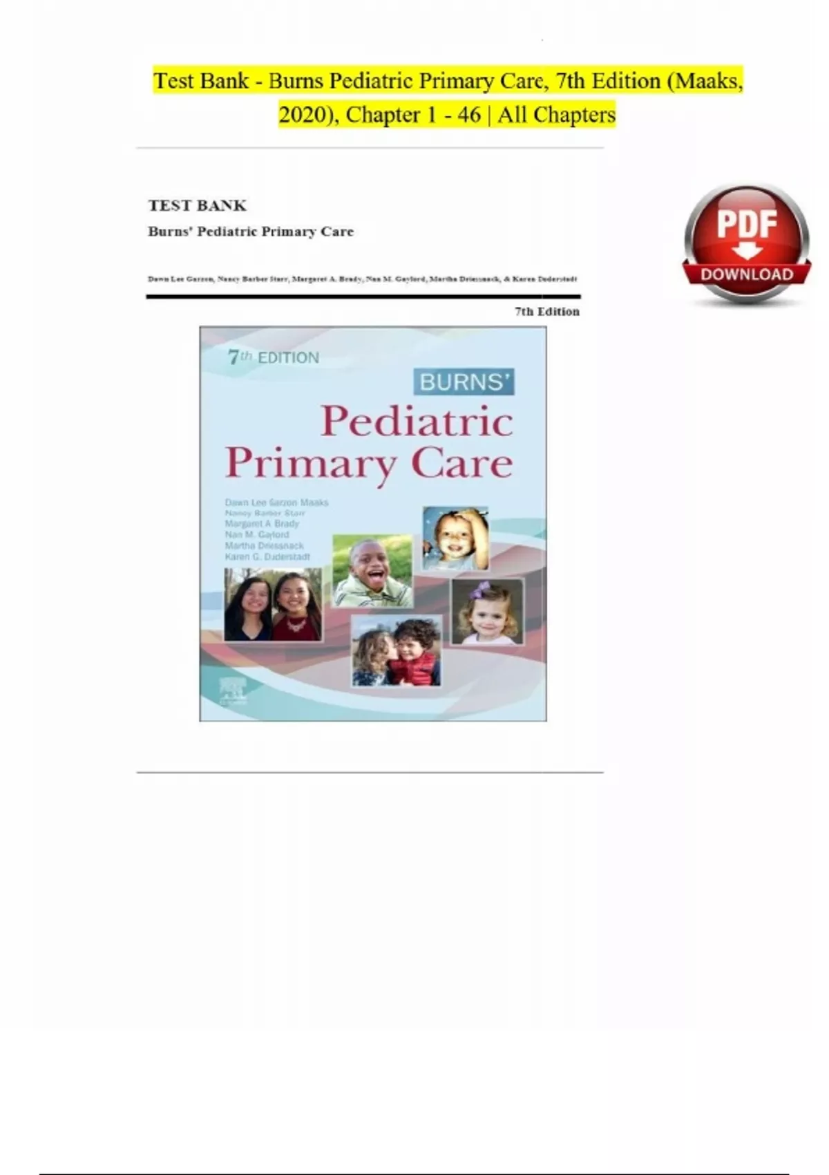 Test Bank for Burns' Pediatric Primary Care, 7th Edition (Maaks, 2025 ...
