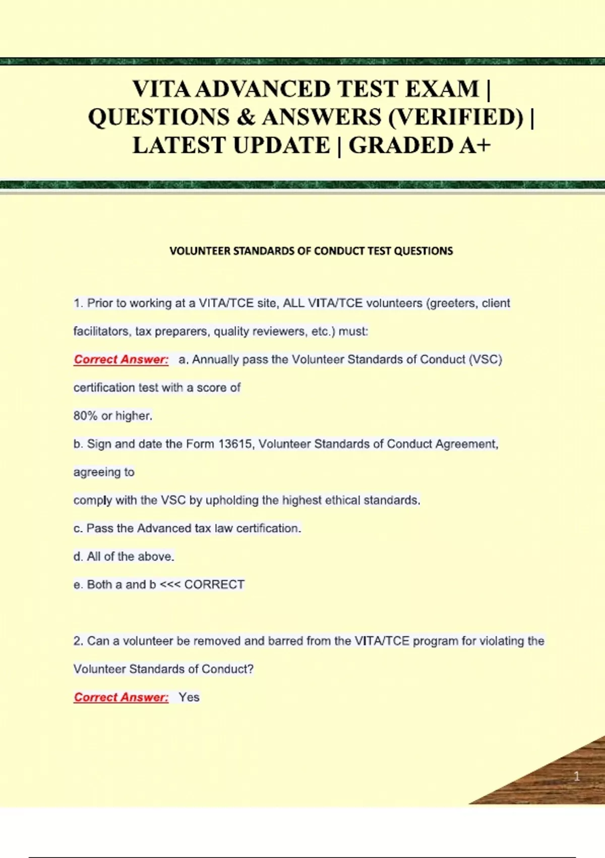 VITA ADVANCED TEST NEW REVISED 2025/ 2026 EXAM (QUESTIONS) WITH GRADED ...
