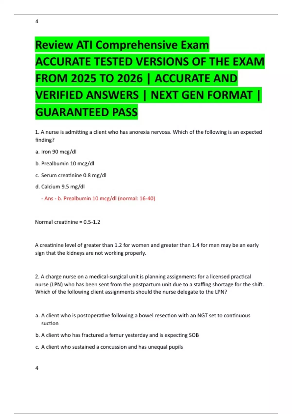 Review ATI Comprehensive Exam ACCURATE TESTED VERSIONS OF THE EXAM FROM ...