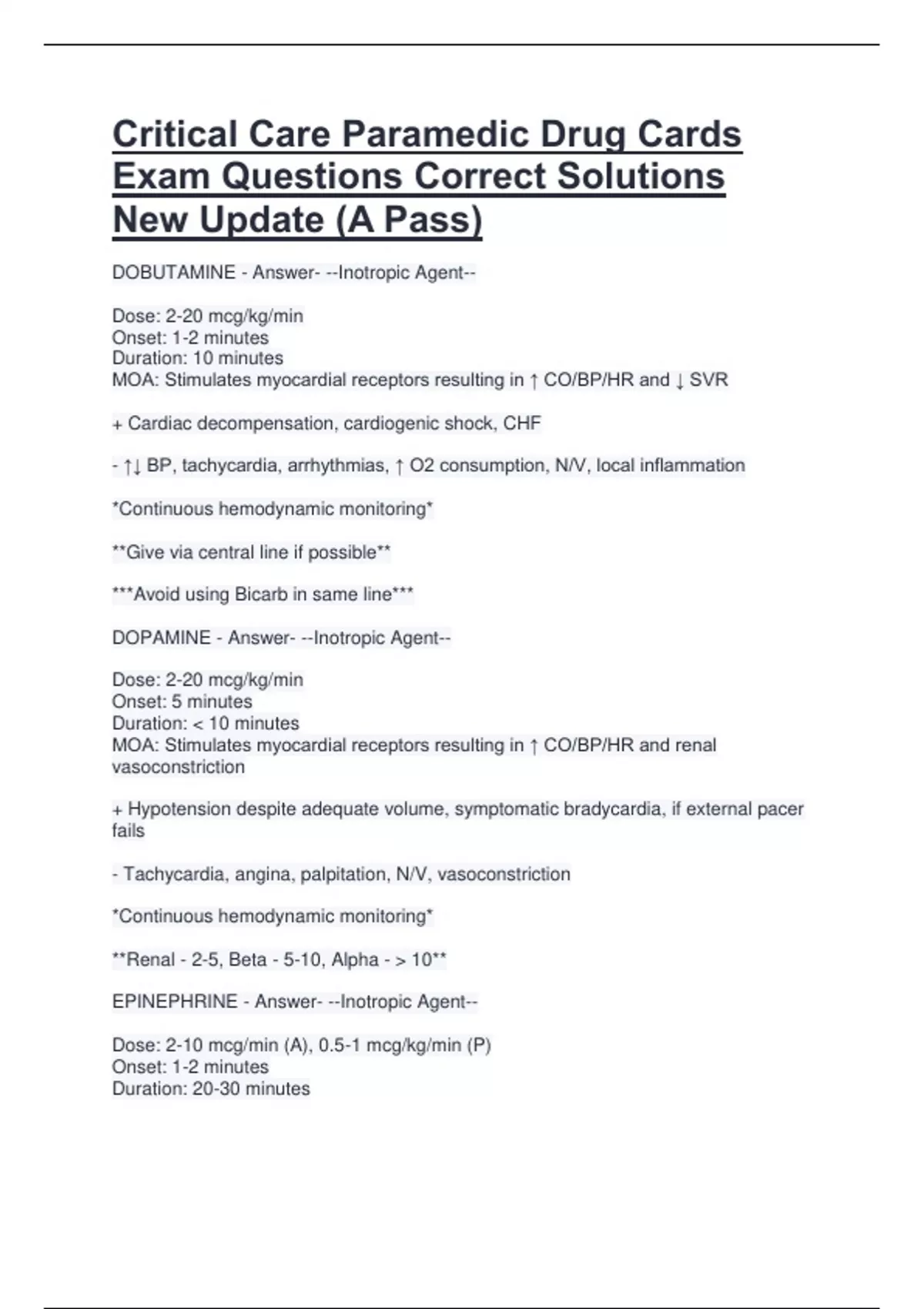 Critical Care Paramedic Drug Cards Exam Questions Correct Solutions New ...