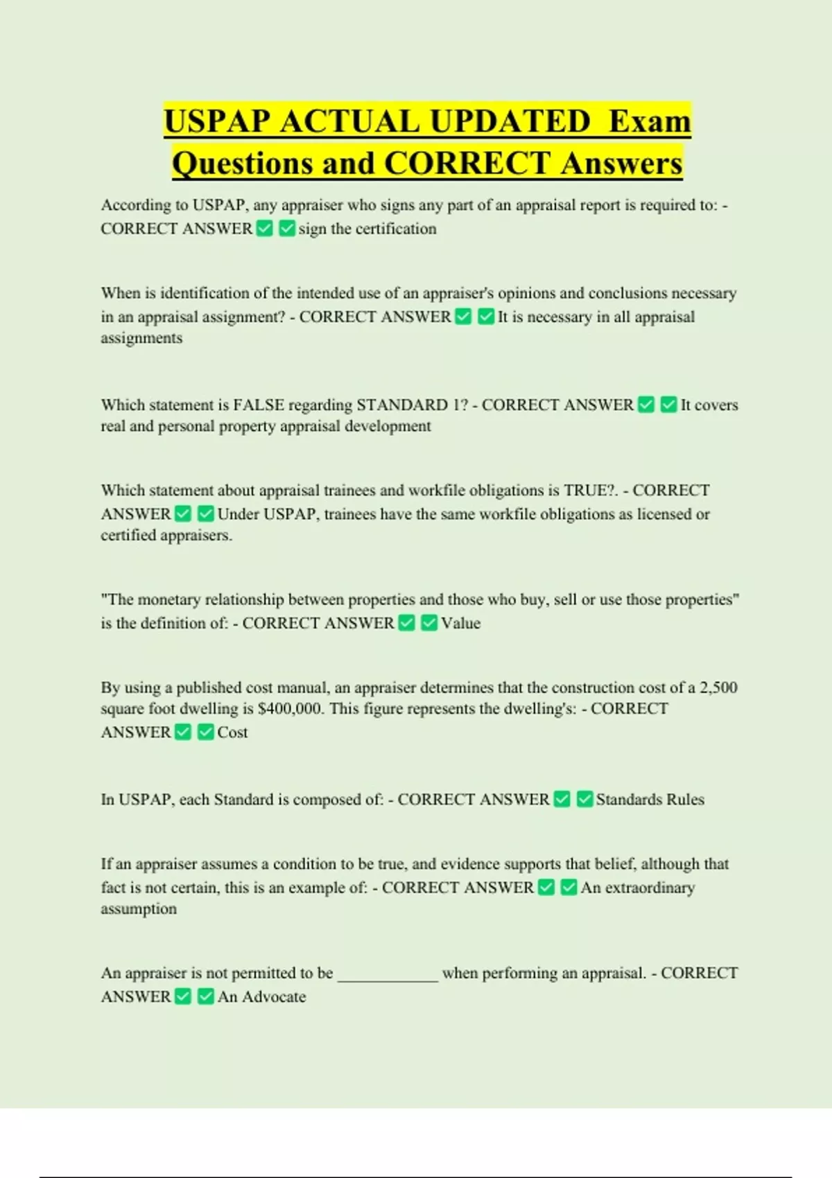 USPAP Bundled Exam Questions WITH CORRECT Answers - Stuvia US