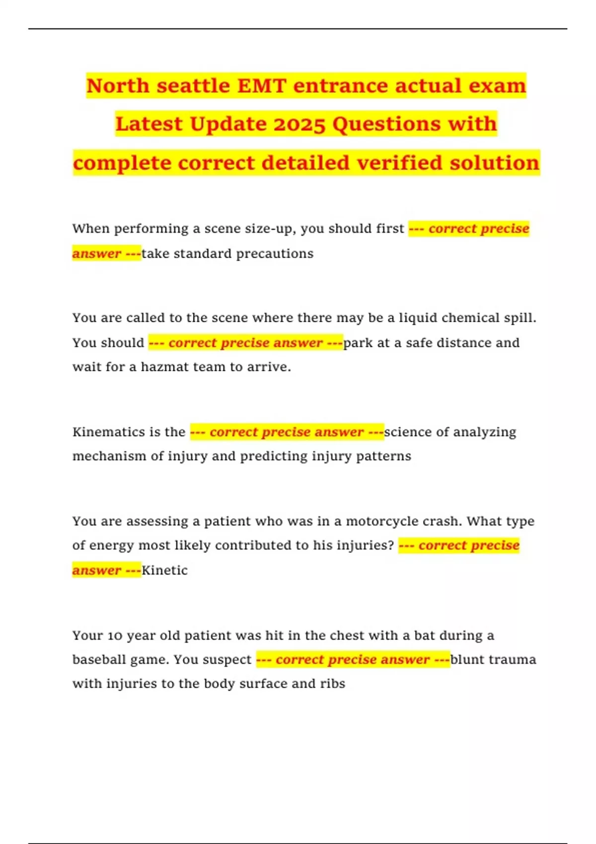 North seattle EMT entrance actual exam Latest Update 2025 Questions ...