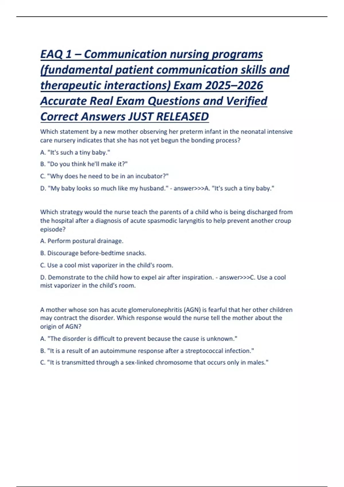 EAQ 1 – Communication nursing programs (fundamental patient communication skills and therapeutic ...