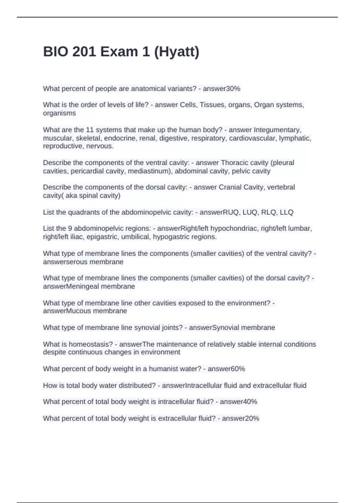 BIO 201 Exam 1 (Hyatt) Questions with Accurate Answers - BIO 201 ...