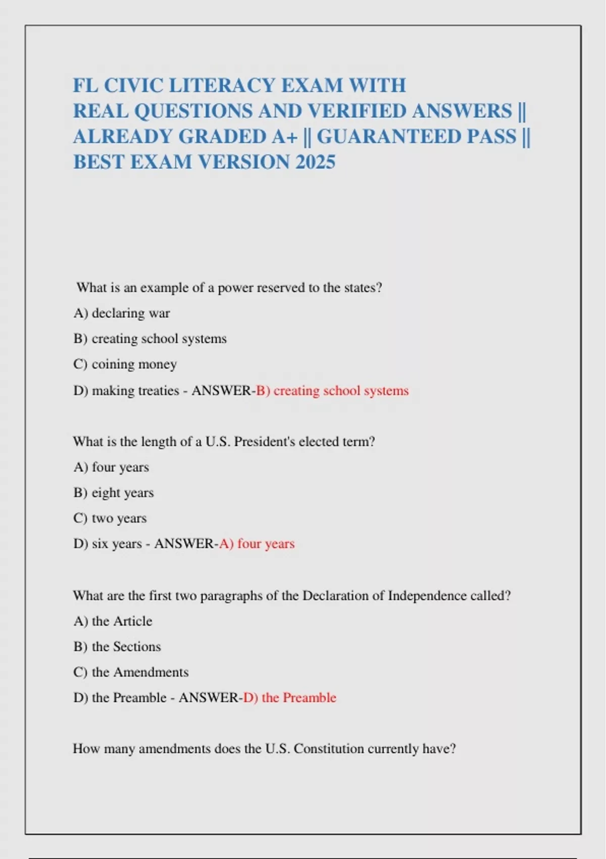 FL CIVIC LITERACY EXAM WITH REAL QUESTIONS AND VERIFIED ANSWERS ...