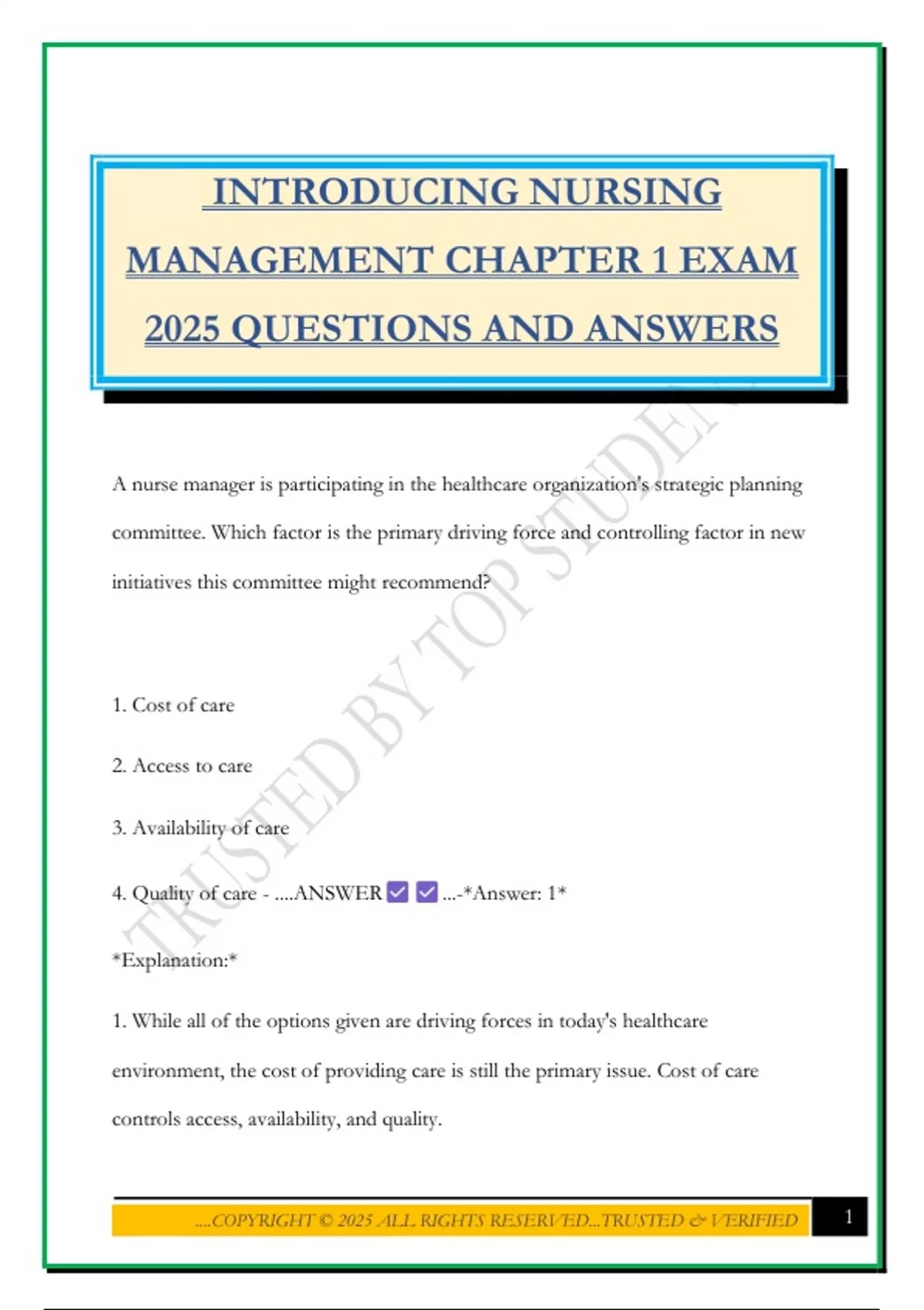 INTRODUCING NURSING MANAGEMENT CHAPTER 1 EXAM 2025 QUESTIONS AND ANSWERS - LEADERSHIP AND ...