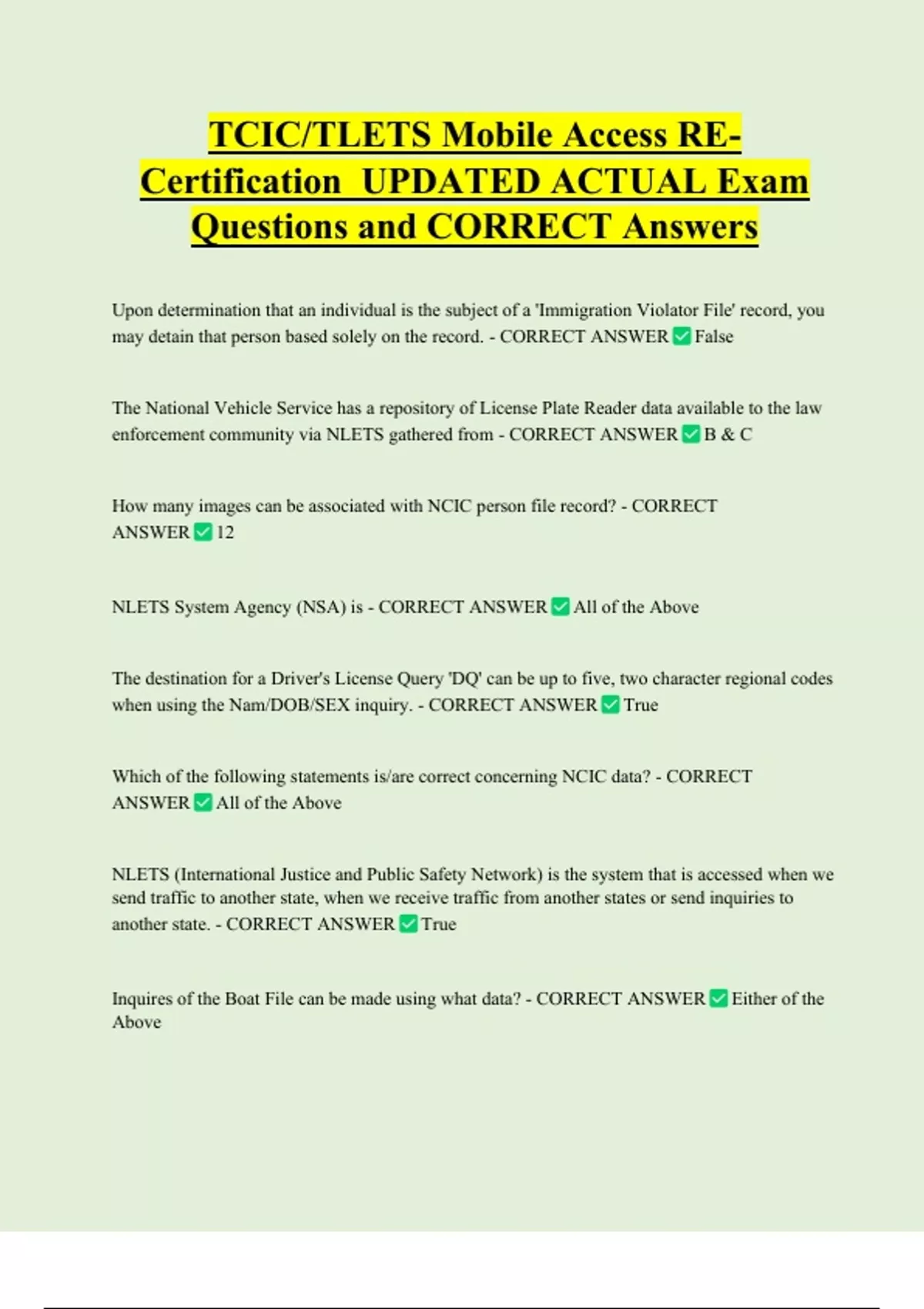 TCIC/TLETS Mobile Access RE Certification UPDATED ACTUAL Exam Questions ...