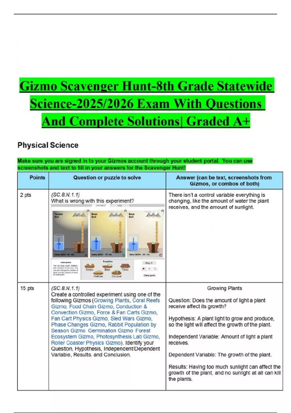 Gizmo Scavenger Hunt-8th Grade Statewide Science-2025/2026 Exam With ...