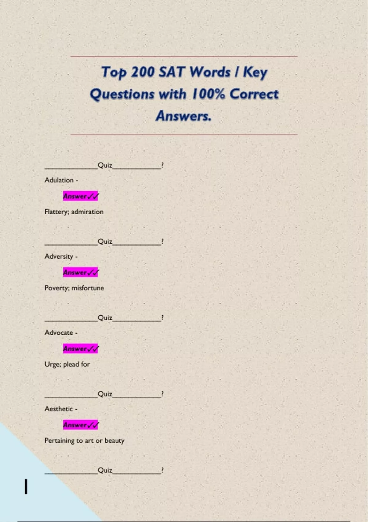 Top 200 SAT Words / Key Questions with 100% Correct Answers. - Top 200 ...
