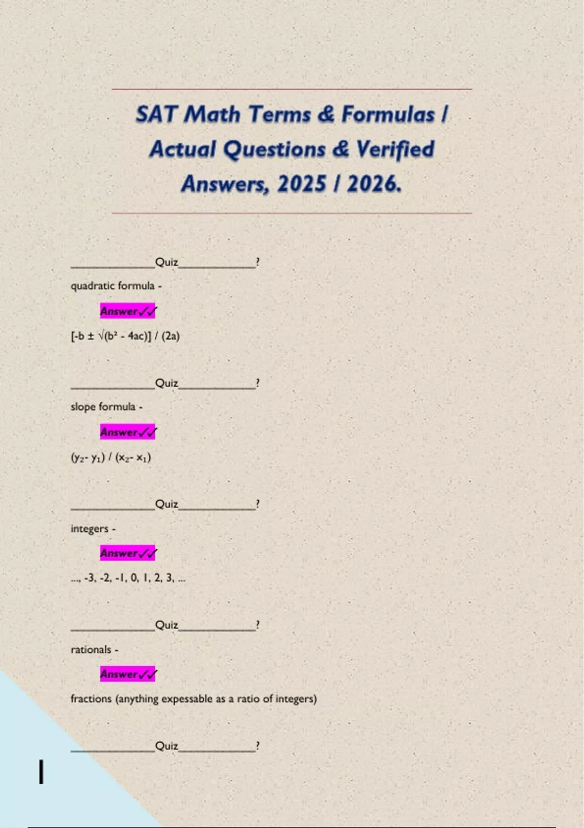 SAT Math Terms & Formulas / Actual Questions & Verified Answers, 2025 / ...