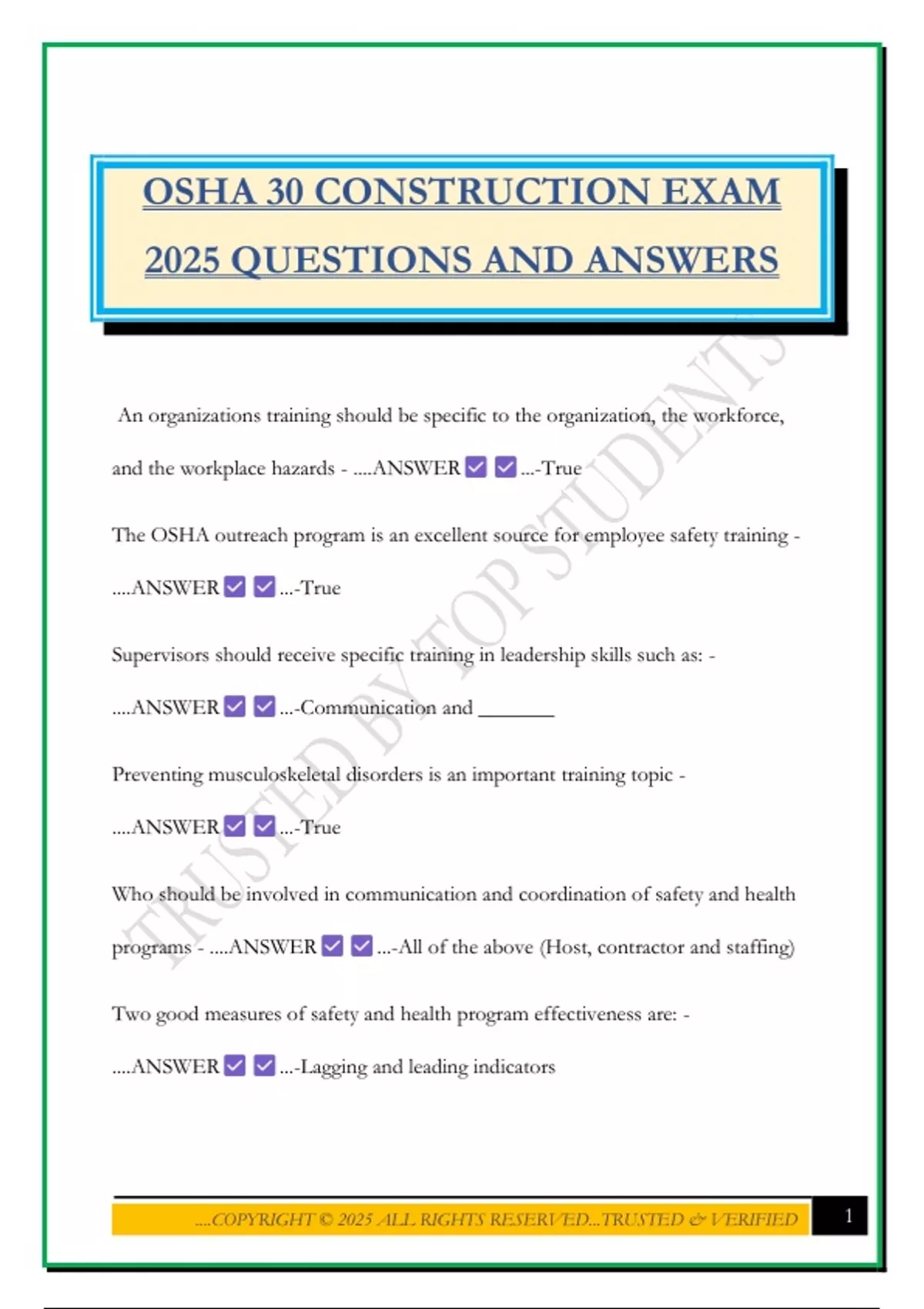 OSHA 30 CONSTRUCTION EXAM 2025 QUESTIONS AND ANSWERS - Osha 30 - Stuvia US