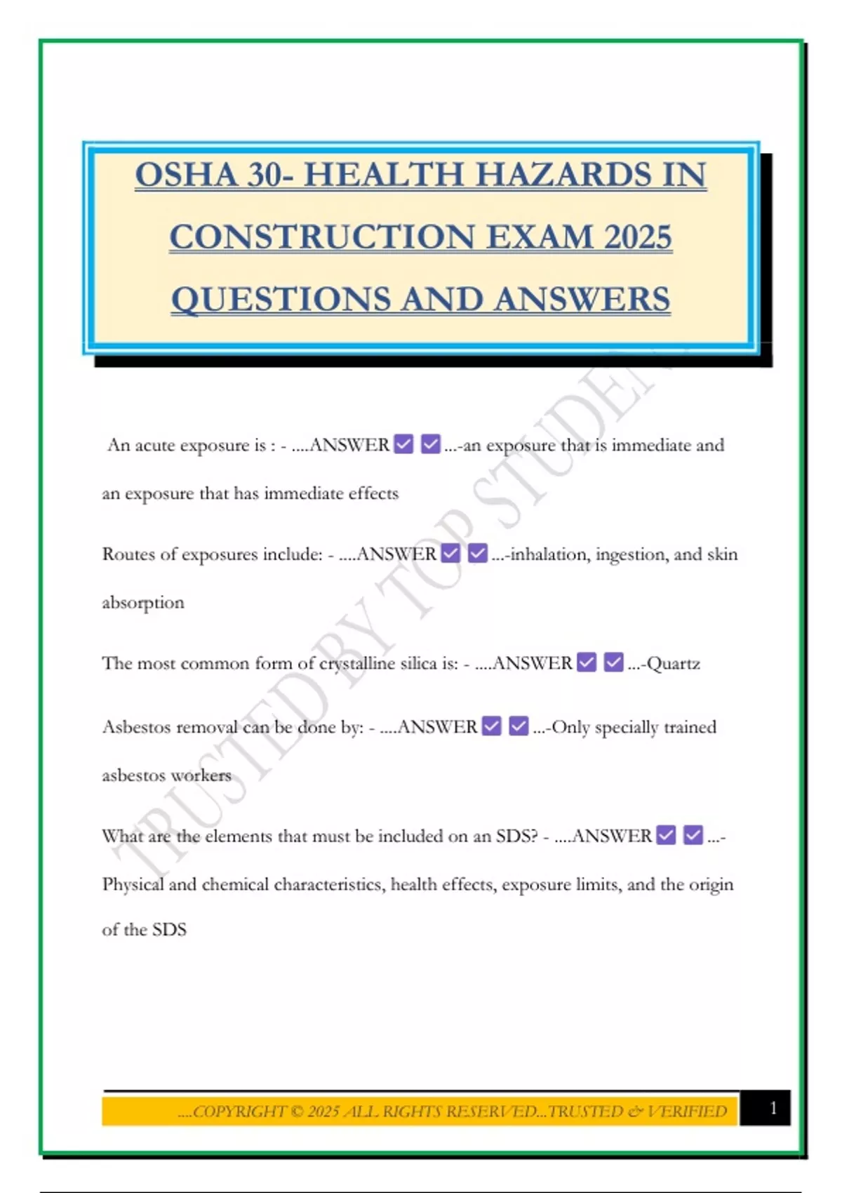 OSHA 30- HEALTH HAZARDS IN CONSTRUCTION EXAM 2025 QUESTIONS AND ANSWERS ...