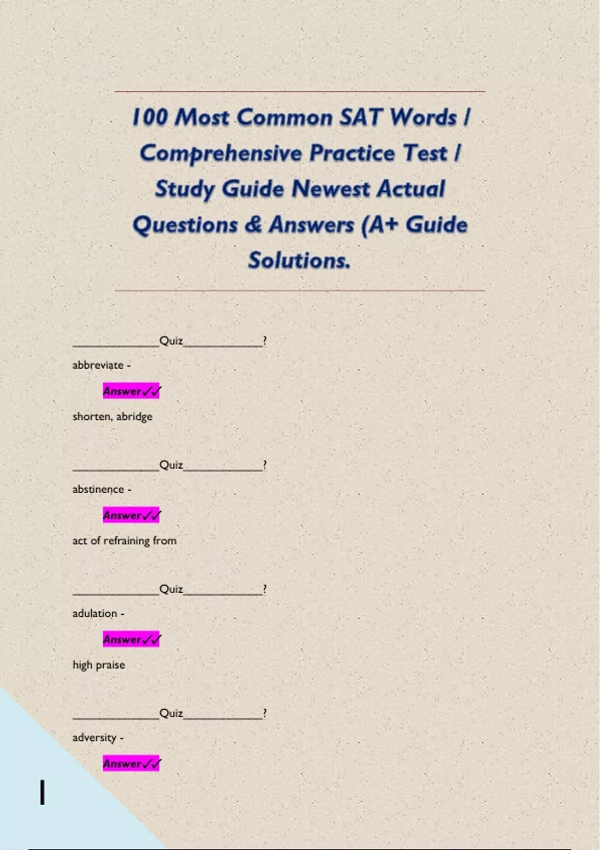 100 Most Common SAT Words / Comprehensive Practice Test / Study Guide ...