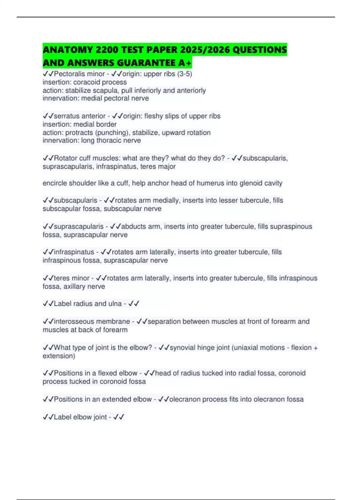 ANATOMY 2200 TEST PAPER 2025/2026 QUESTIONS AND ANSWERS GUARANTEE A+ ...