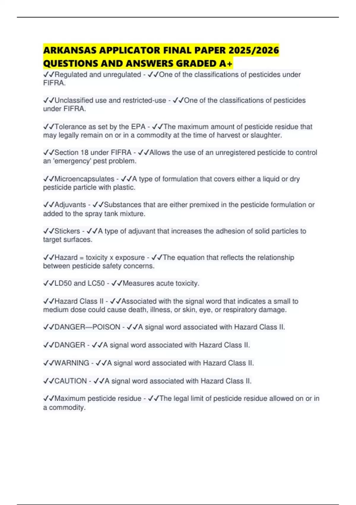 ARKANSAS APPLICATOR FINAL PAPER 2025/2026 QUESTIONS AND ANSWERS GRADED ...