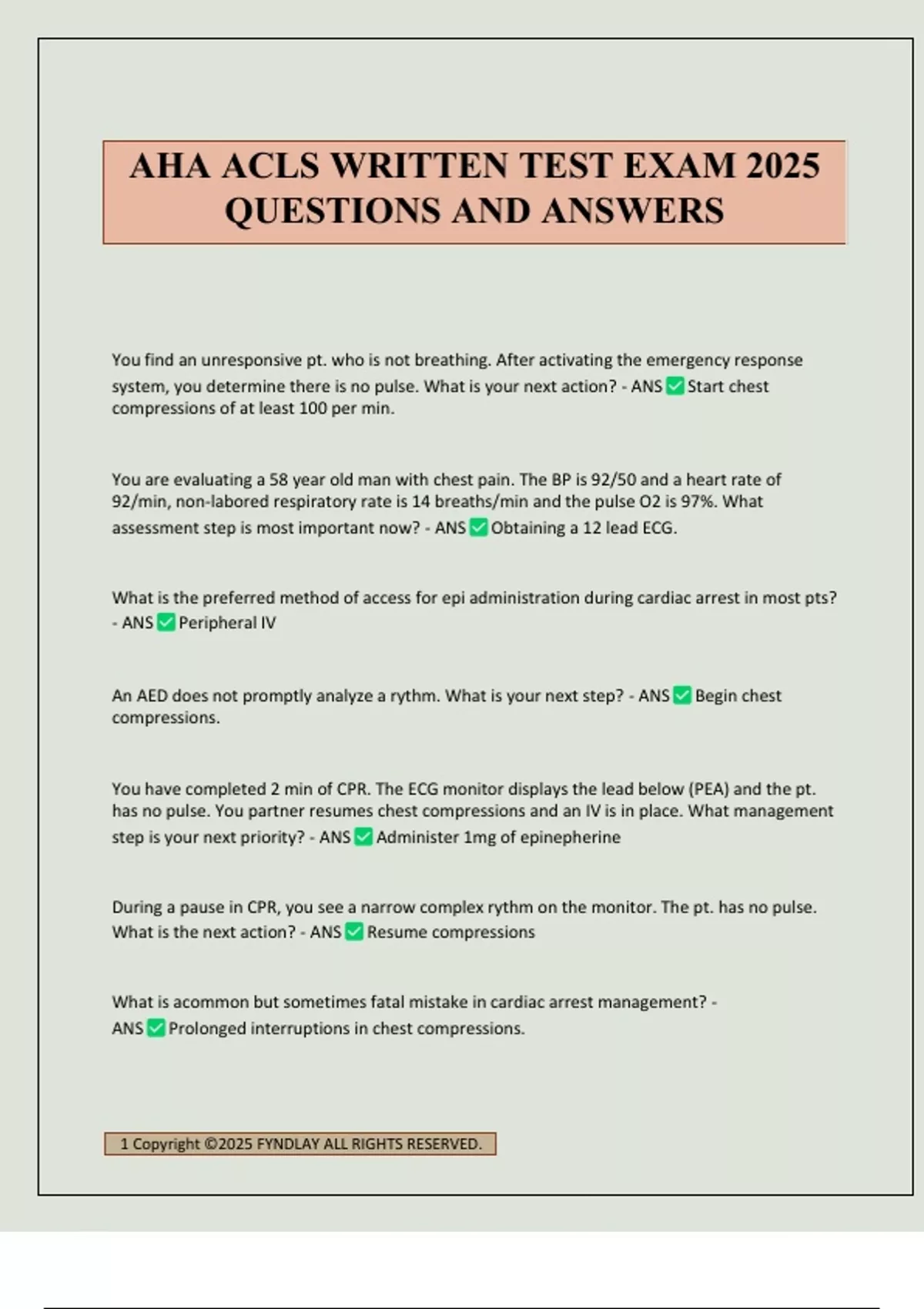 AHA ACLS WRITTEN TEST EXAM 2025 QUESTIONS AND ANSWERS - AHA ACLS ...