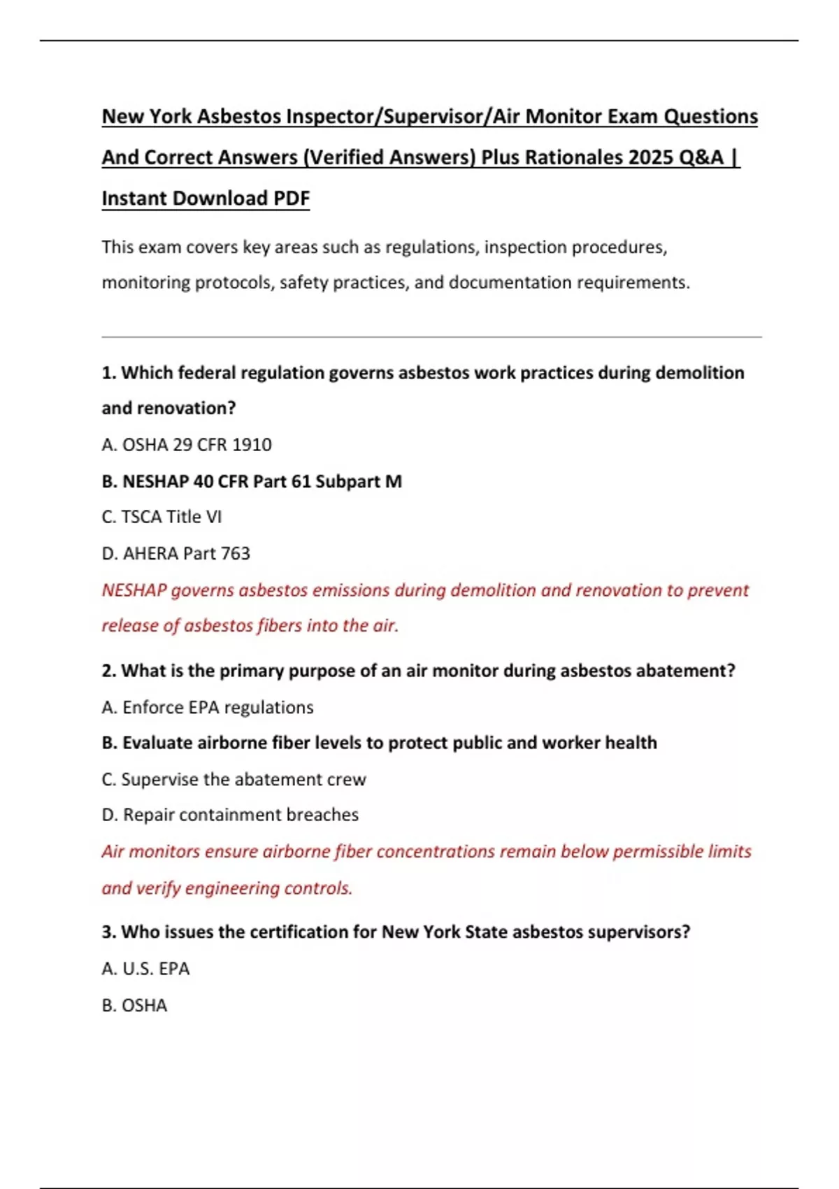 New York Asbestos Inspector/Supervisor/Air Monitor Exam Questions And ...