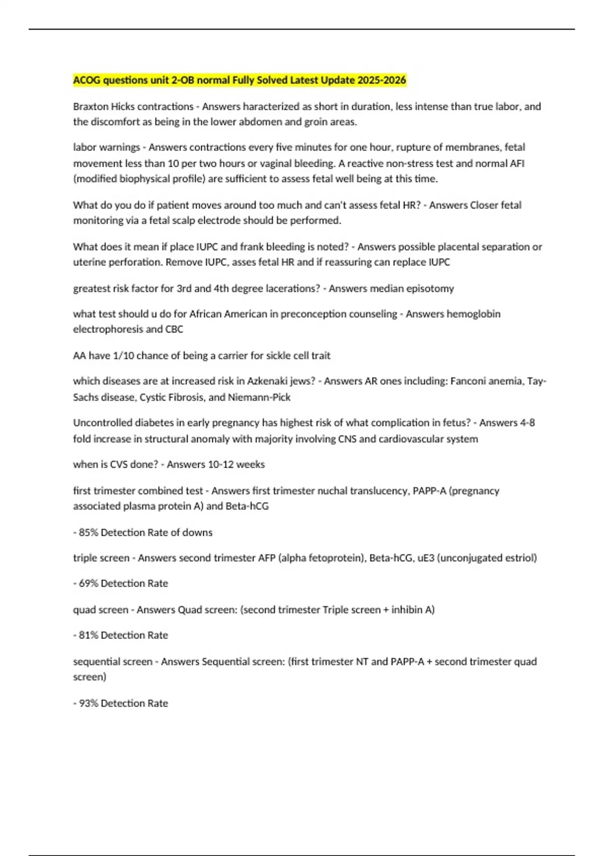 ACOG questions unit 2-OB normal Fully Solved Latest Update - ACOG ...