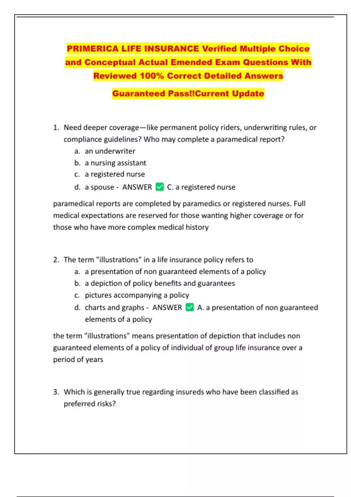 PRIMERICA LIFE INSURANCE Verified Multiple Choice and Conceptual Actual ...