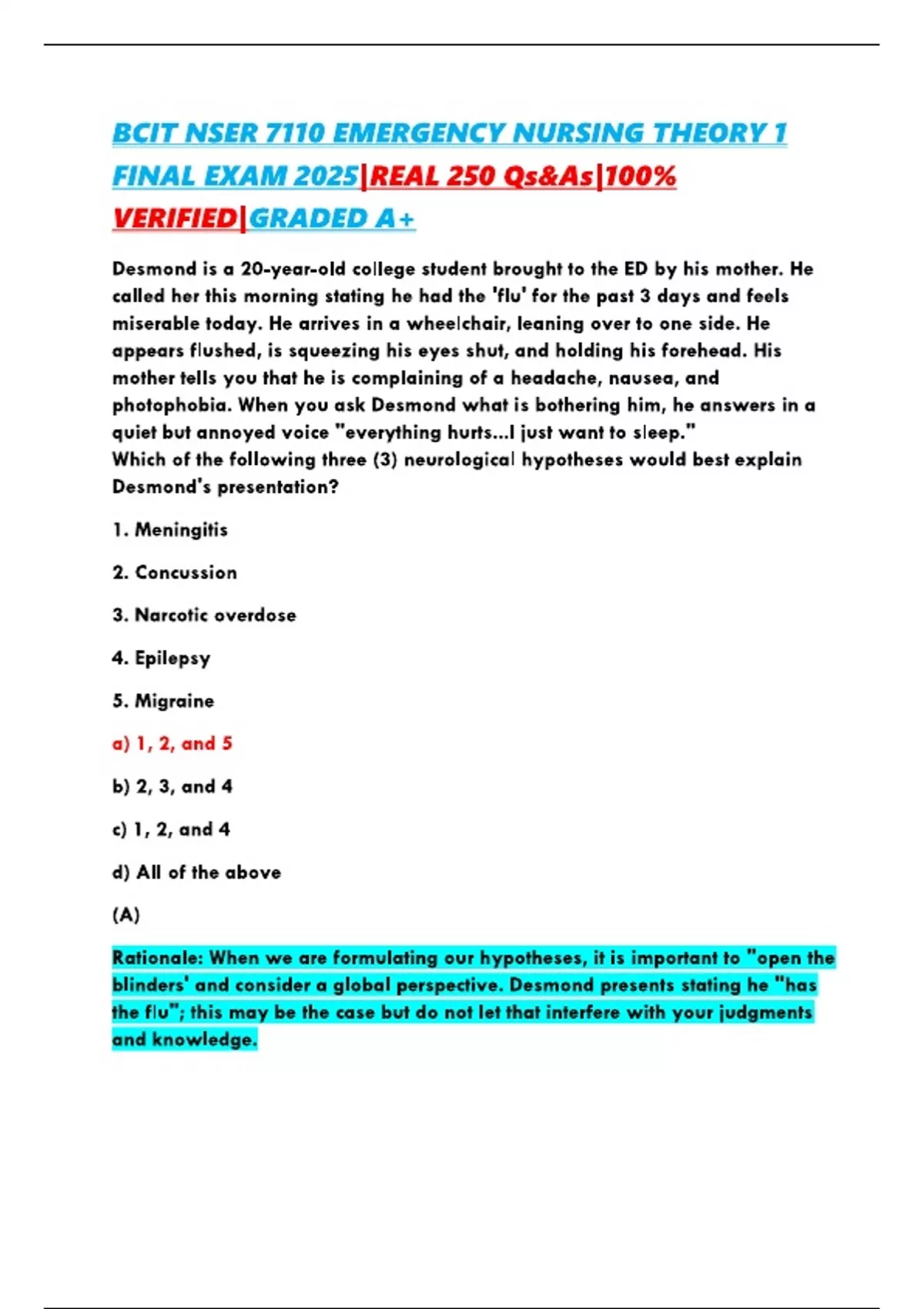 BCIT NSER 7110 EMERGENCY NURSING THEORY 1 FINAL EXAM 2025|REAL 250 Qs ...