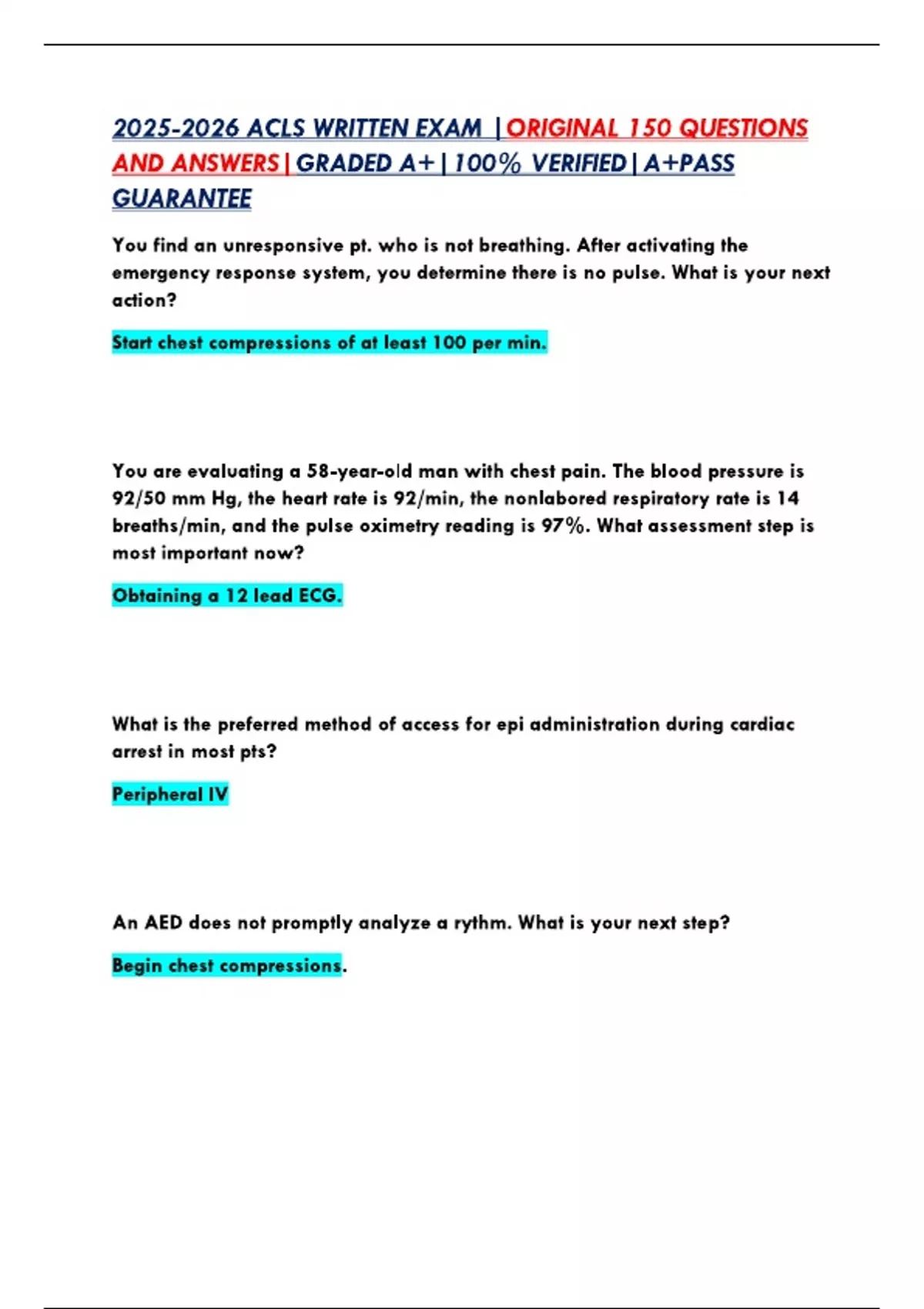 ACLS WRITTEN EXAM |ORIGINAL 150 QUESTIONS AND ANSWERS|GRADED A+|100% ...