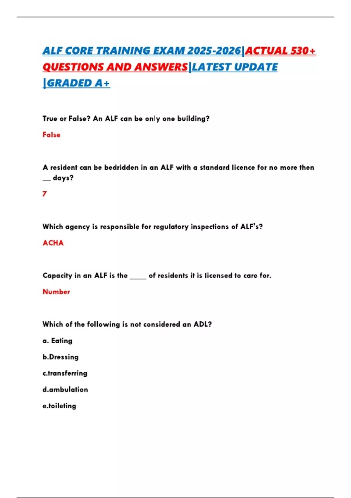 ALF CORE TRAINING EXAM |ACTUAL 530+ QUESTIONS AND ANSWERS|LATEST UPDATE ...