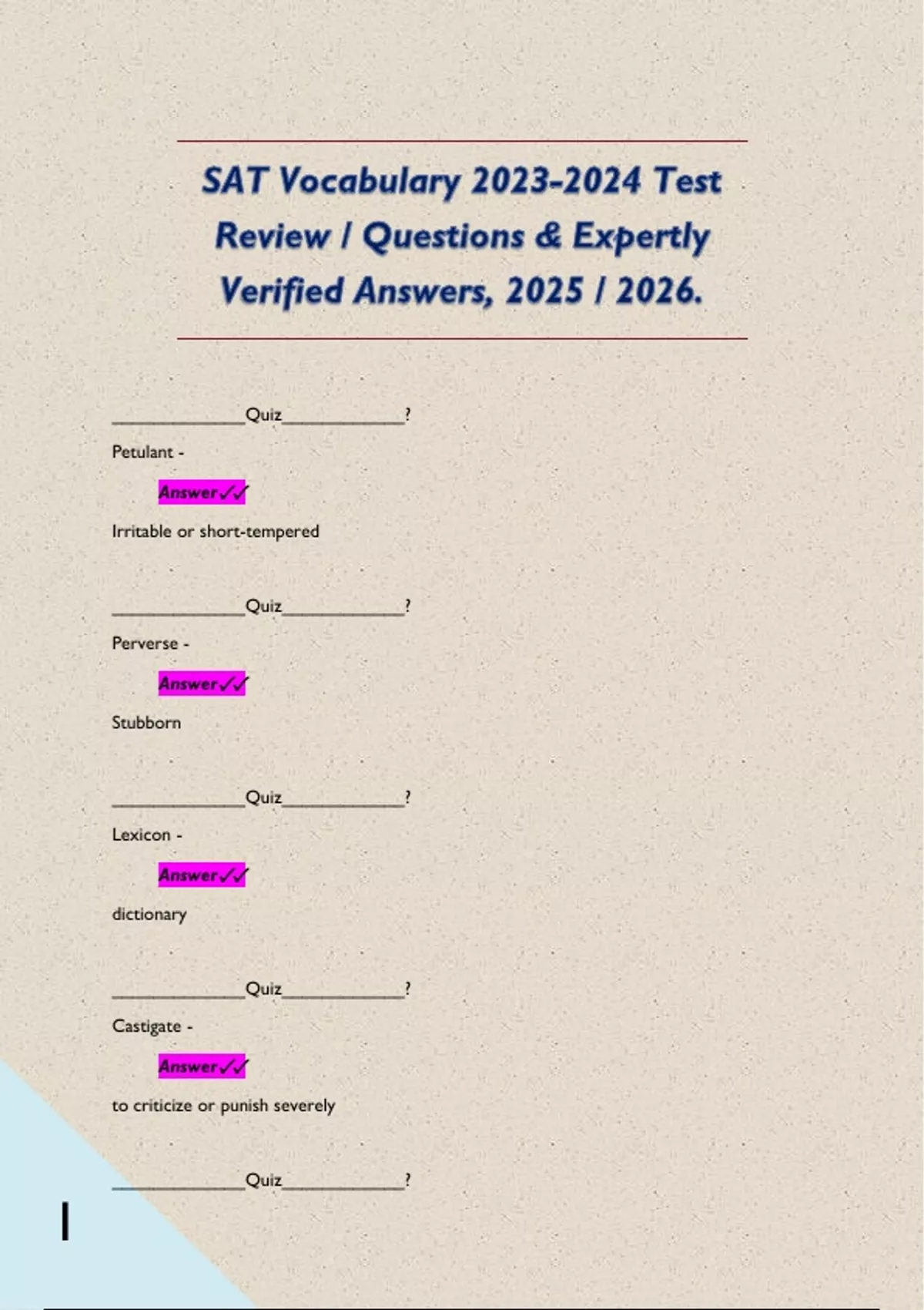 SAT Vocabulary Test Review / Questions & Expertly Verified Answers ...