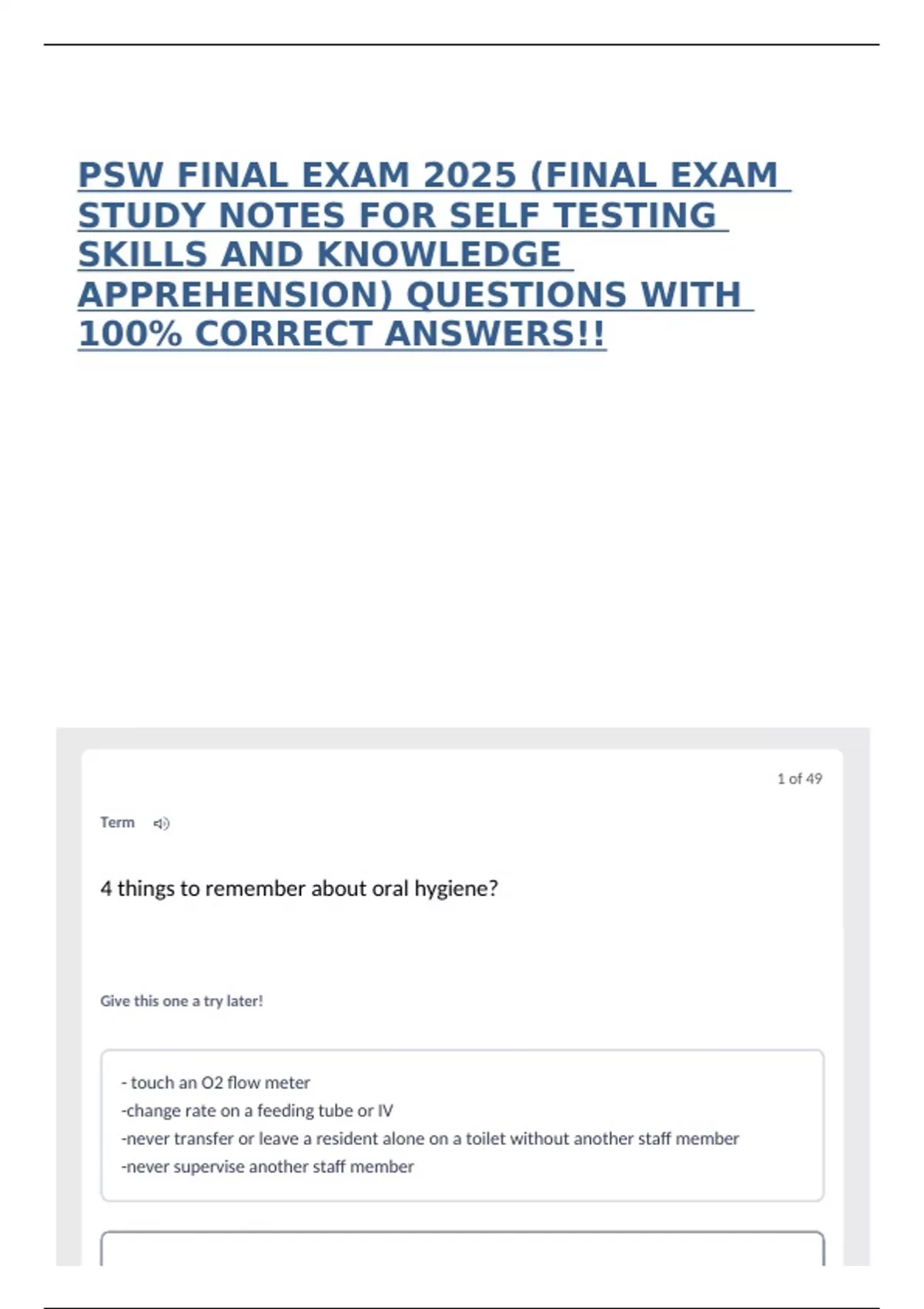 PSW FINAL EXAM 2025 (FINAL EXAM STUDY NOTES FOR SELF TESTING SKILLS AND ...
